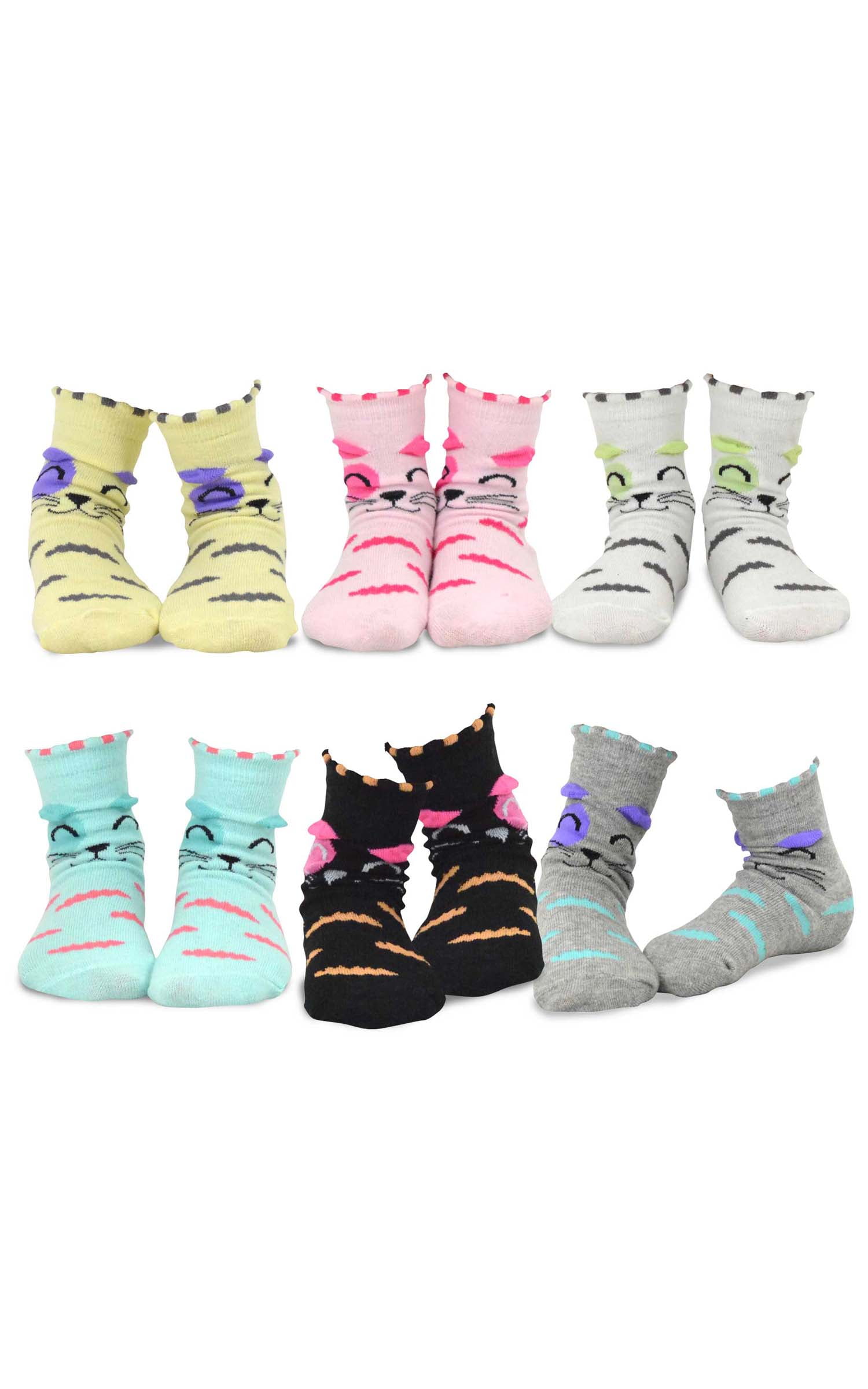 TeeHee Kids Girls Non-Skid Cotton Animal Face Socks, 6 Pair Pack (6-8 ...