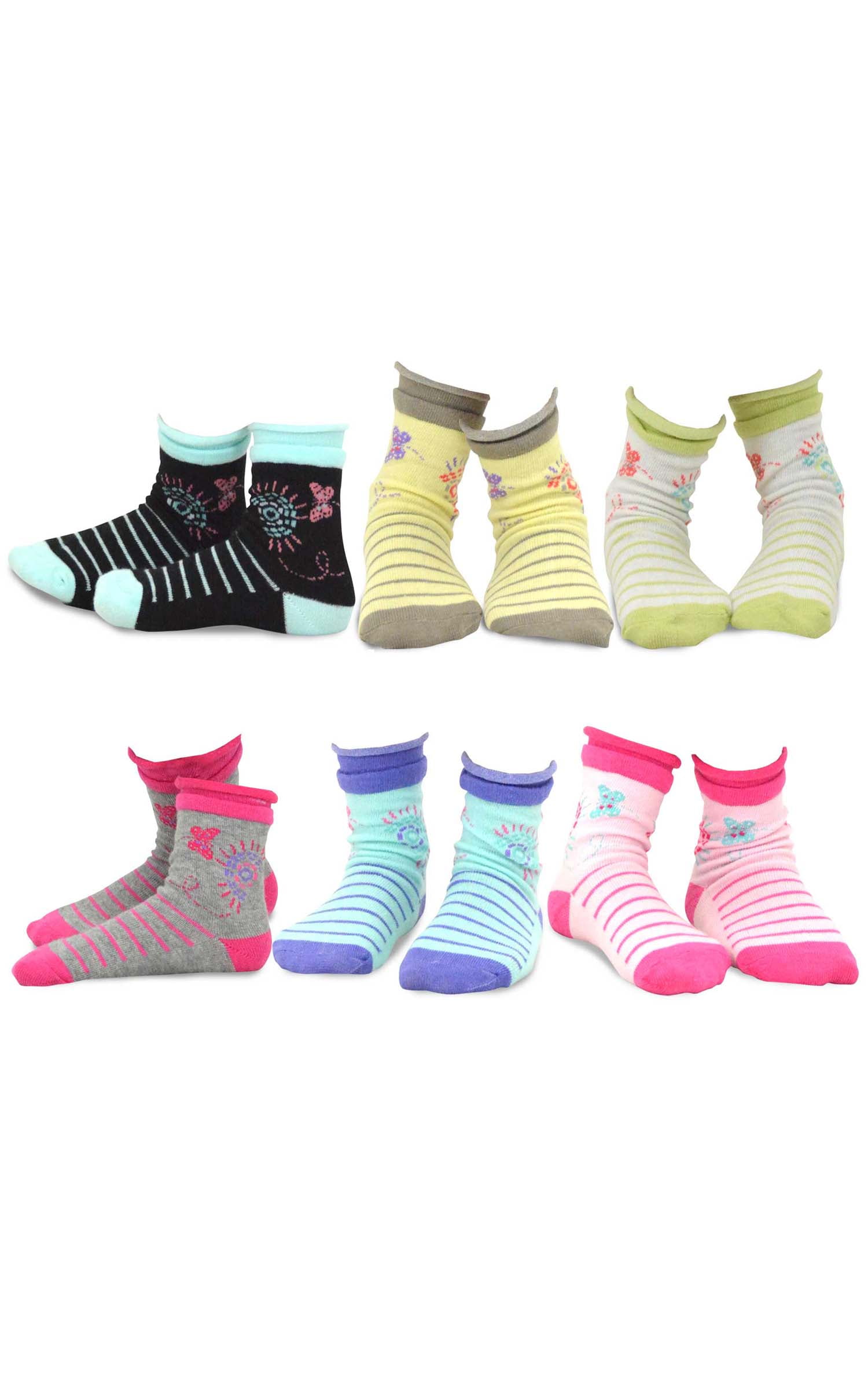 TeeHee Little Kids Girls Cotton Fashion Crew Socks 6 Pair Pack (3-5 ...