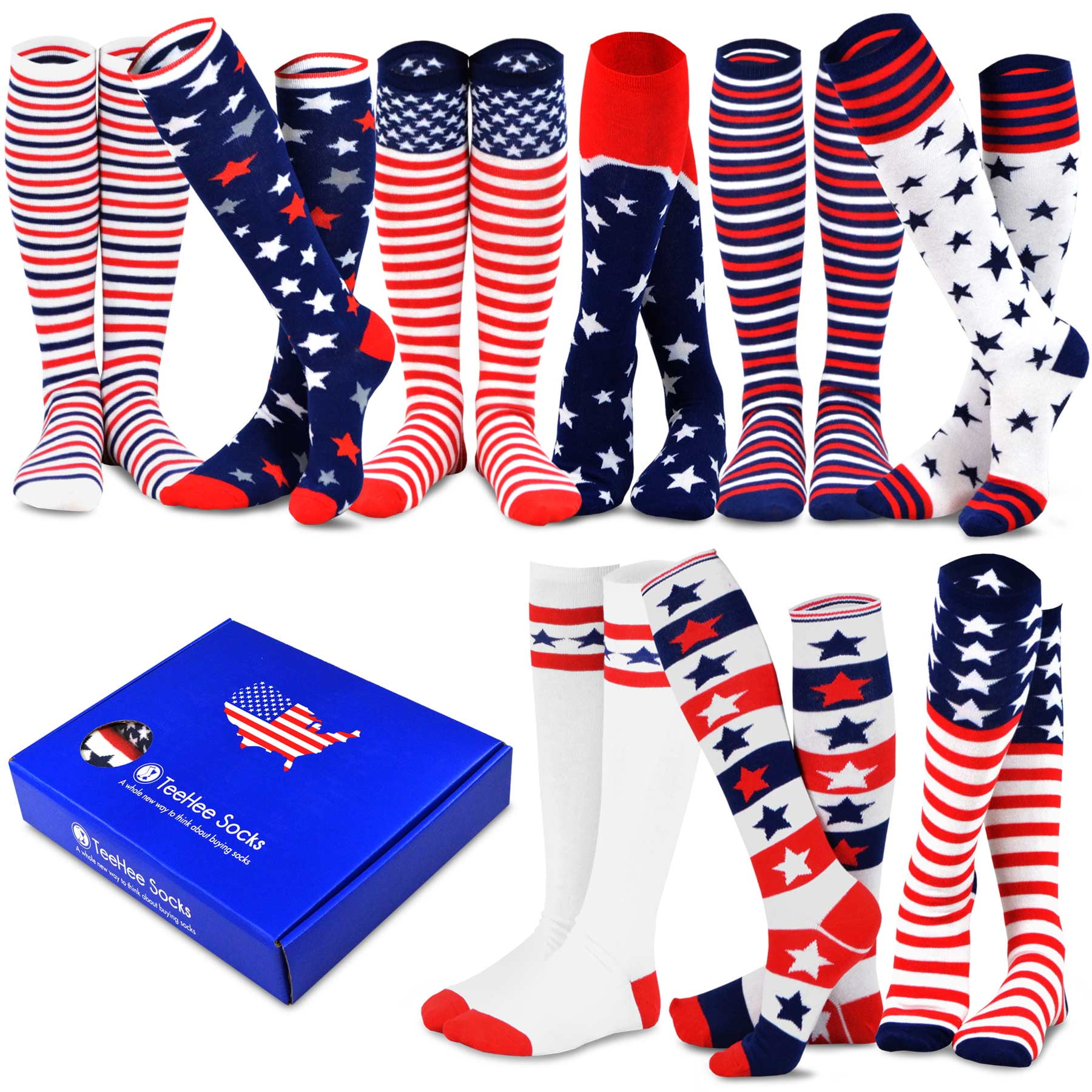 TeeHee USA American Patriotic Socks for Women Knee High 9-Pairs with ...