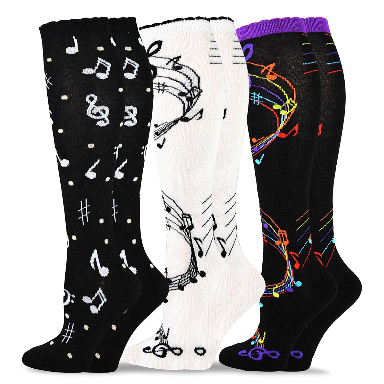 TeeHee Women's Music Cotton Knee High Socks 3-Pack (Music Rainbow ...