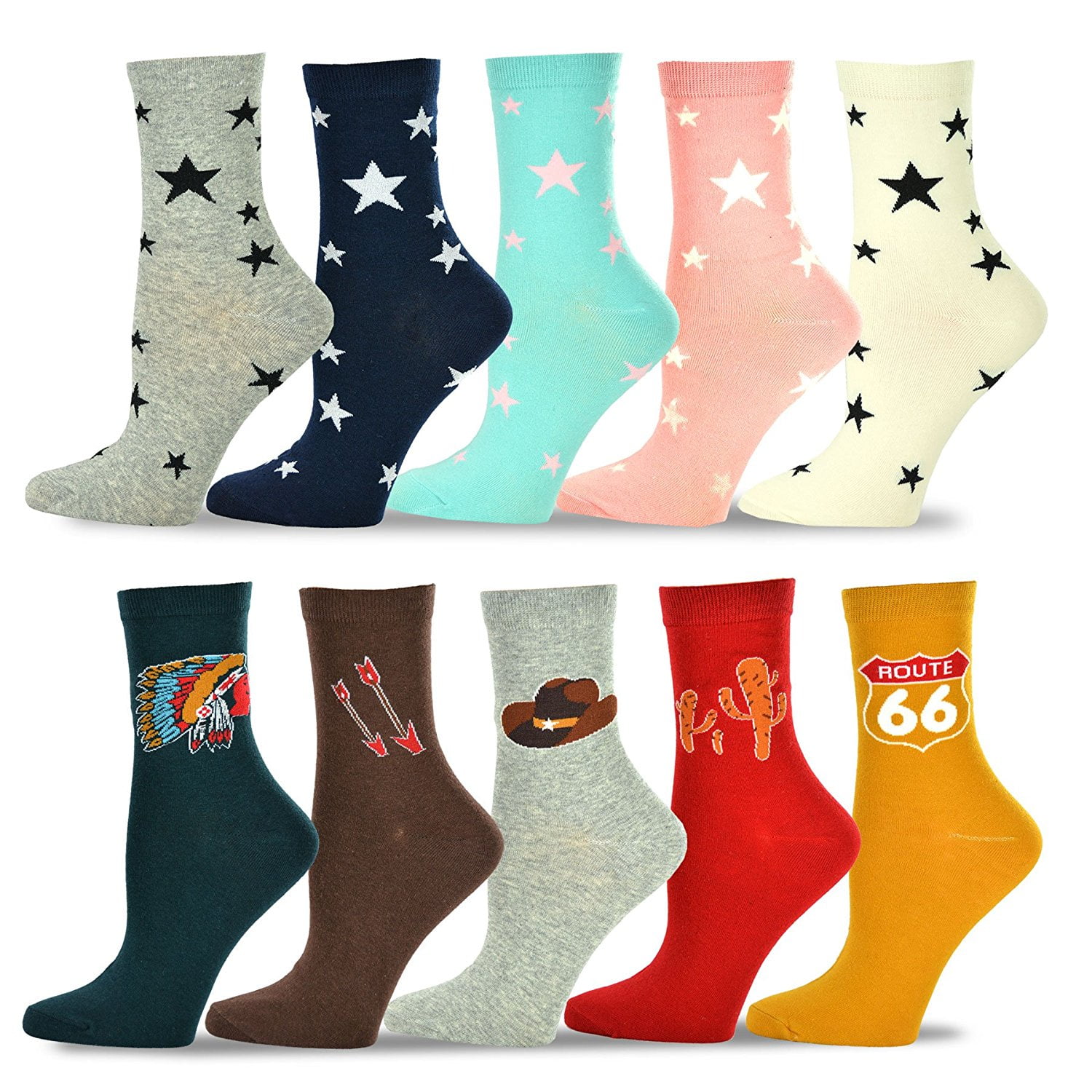 TeeHee Women's Value 10-pack Cotton Crew Socks (Stars-Old America ...