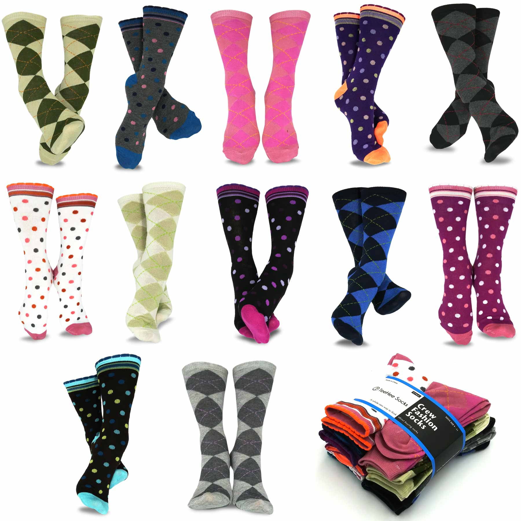 TeeHee Women's Soft, Fun Crew Socks 12-Pack Value (Dots and Argyle ...