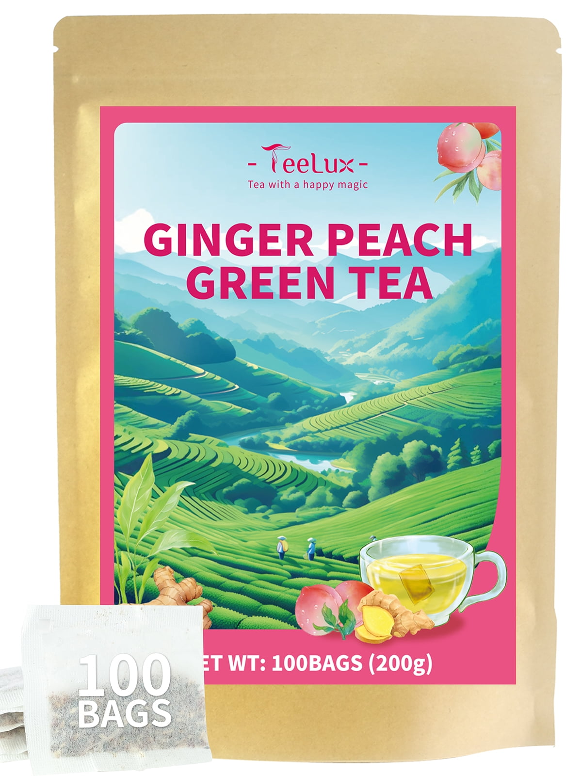 TeeLux Peach Ginger Green Tea, Brisk Green Tea with Spicy Ginger ...