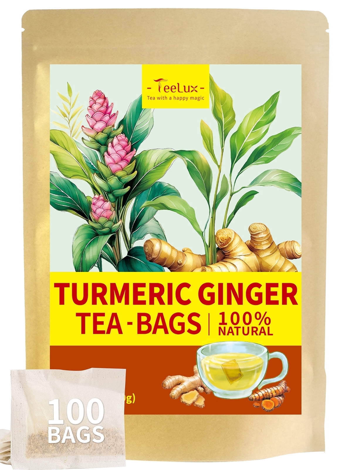 TeeLux, Turmeric Ginger Tea Bags, 100 Count, Spicy & Smooth Flavor ...