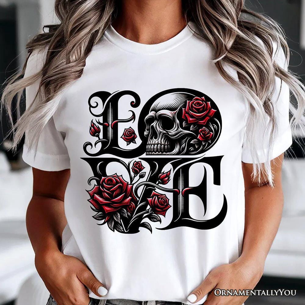 TeeMuse Gothic Love Skull Roses T-Shirt, Dark Valentine Romance Tee ...