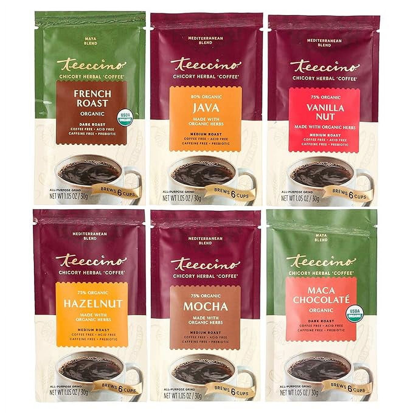 Teeccino Herbal Coffee Sampler - 6 x 30g Trial Size Chicory Coffee ...