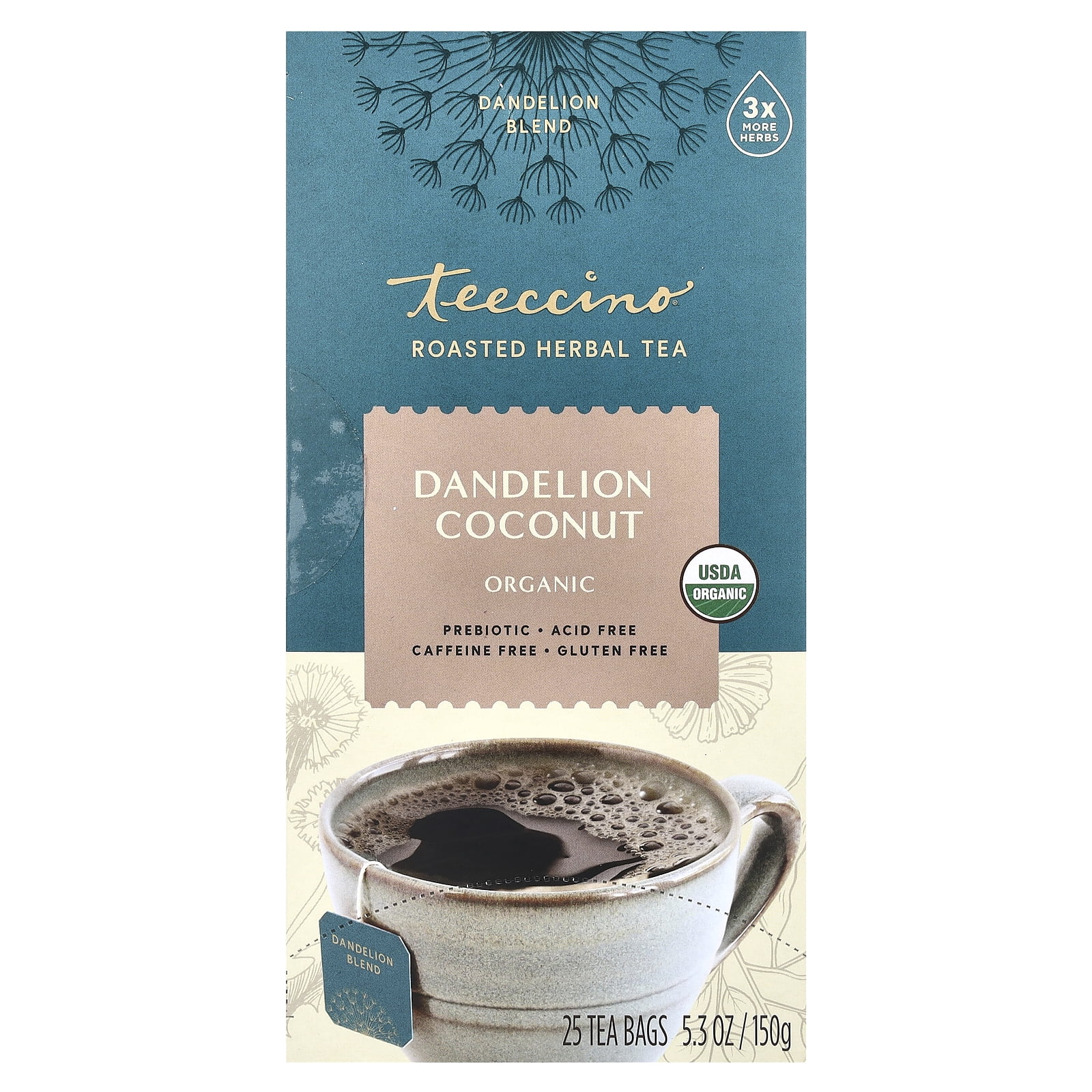 Teeccino Roasted Herbal Tea, Dandelion Coconut, Caffeine Free, 25 Tea ...