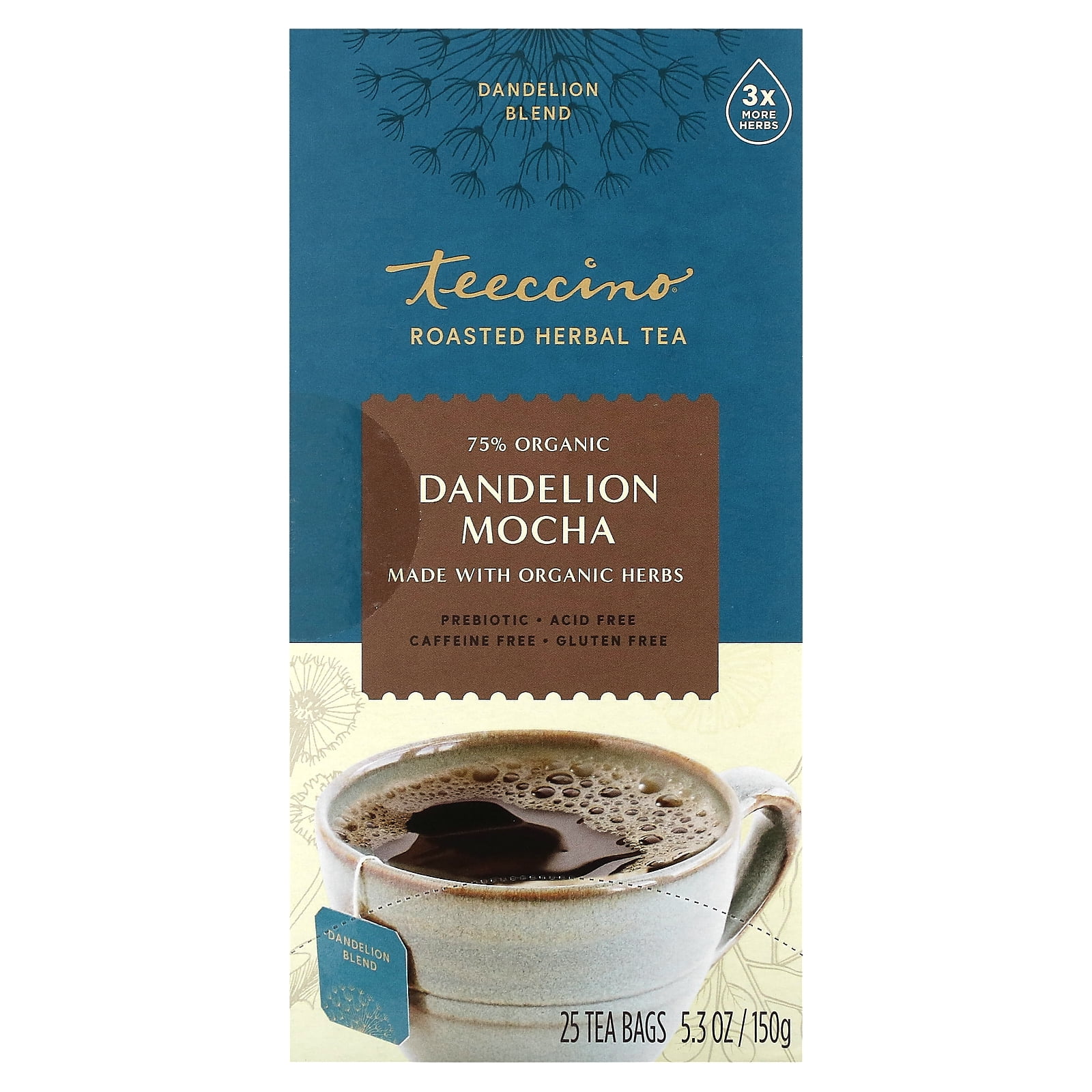 Teeccino Roasted Herbal Tea, Dandelion Mocha, Caffeine Free, 25 Tea ...