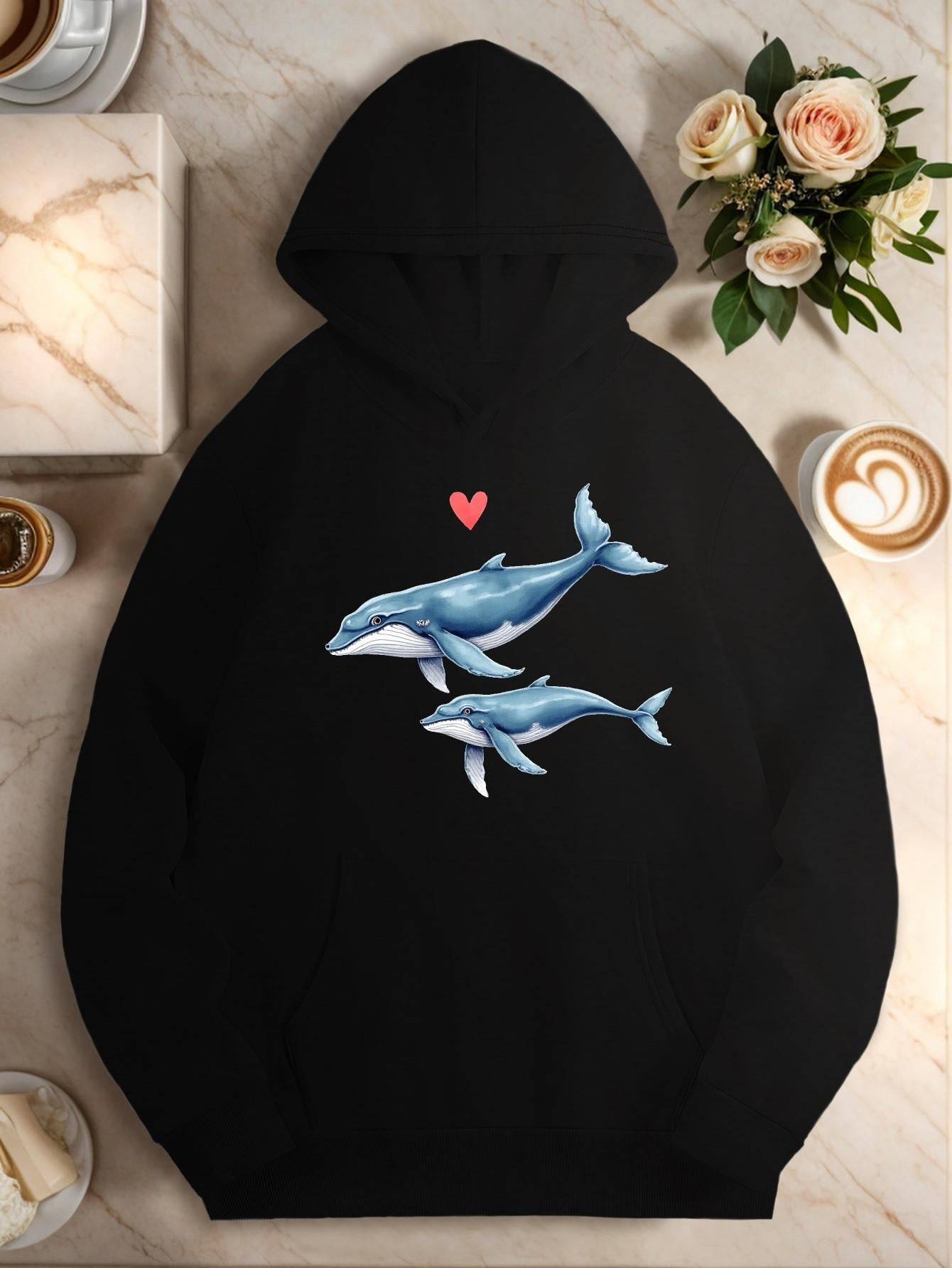 Teediy Women's Humpback Whale & Calf with Heart Print Hooded Sweatshirt ...
