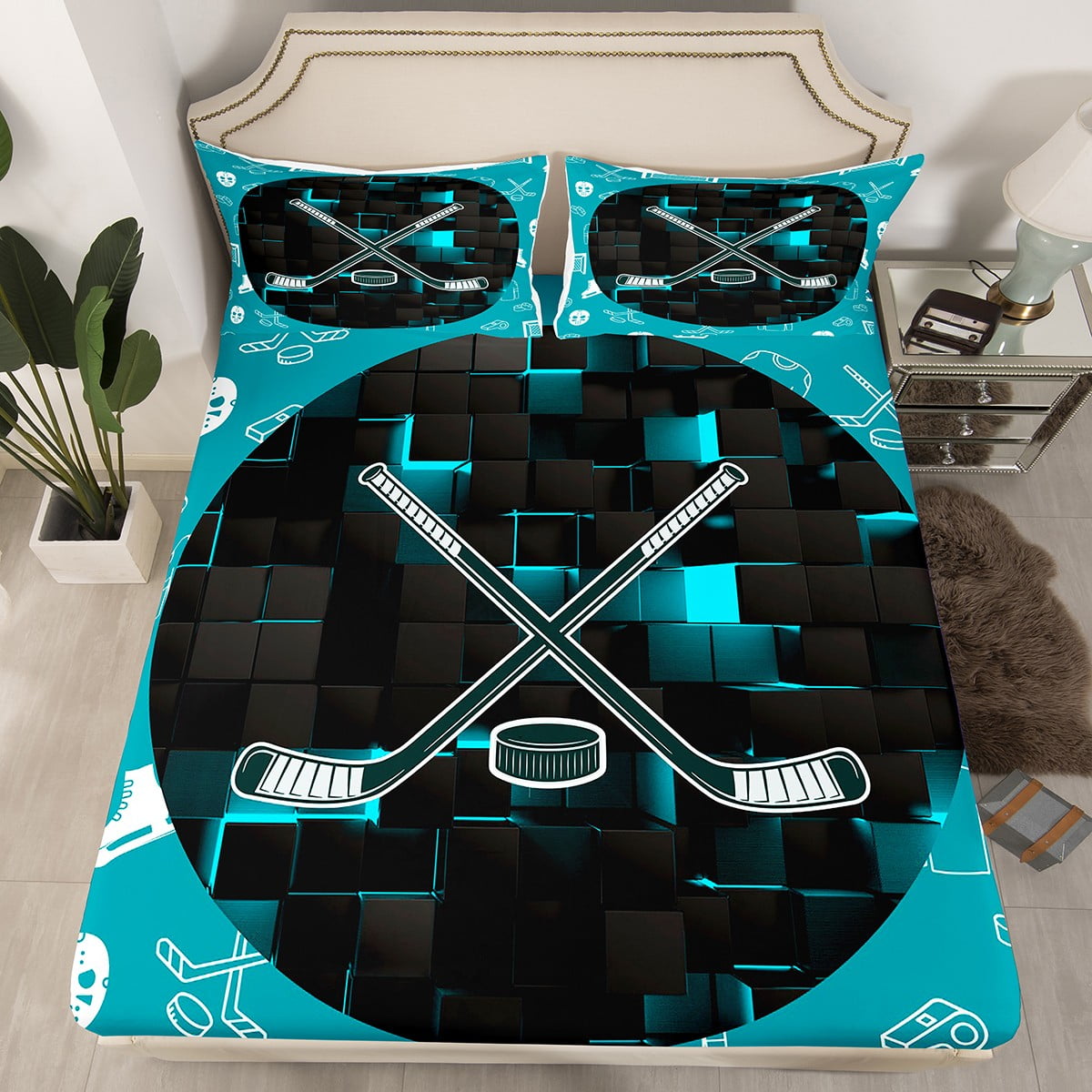 Teen Hockey Bedding Set Twin Teal Black Neon Geometric Check Grids ...