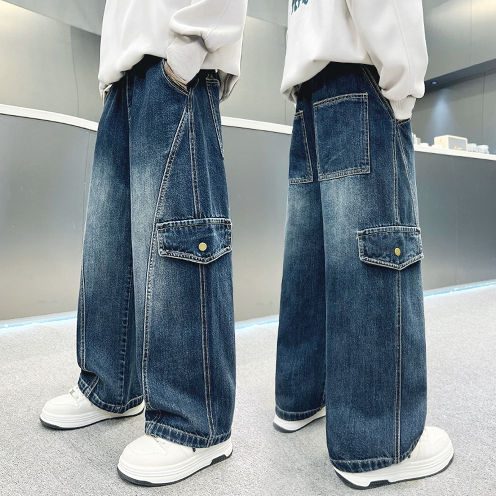 Teen Casual Straight Wide Leg Cargo Jeans Ribbed Elastic Waist Cotton ...