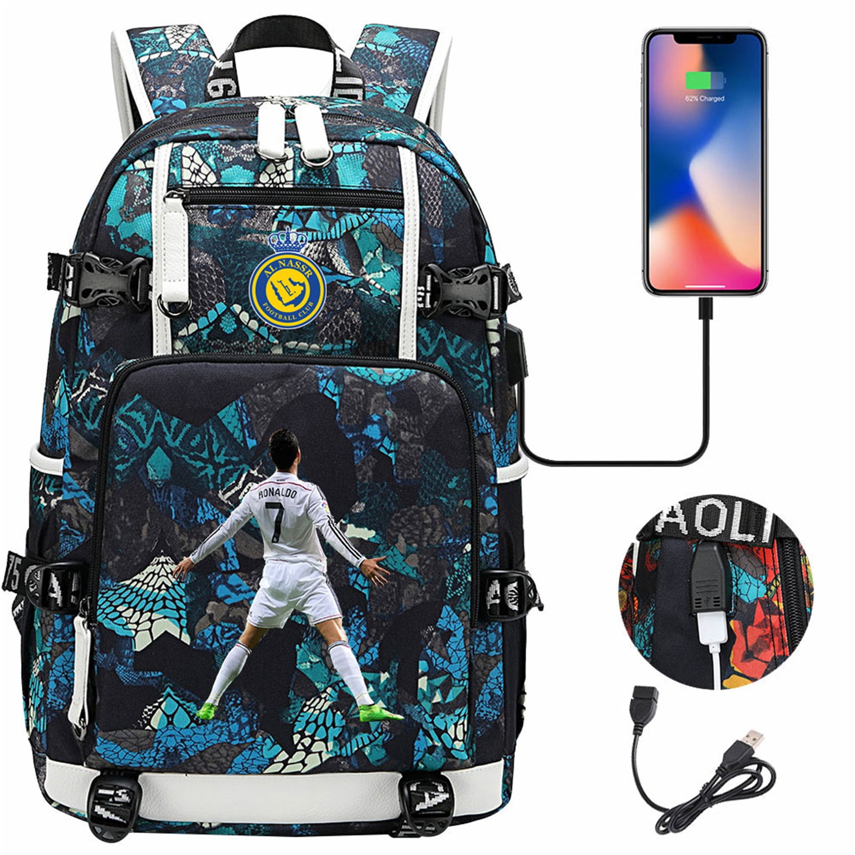 Teen Cristiano Ronaldo Backpack Travel Bag with USB Charging/Headphone ...