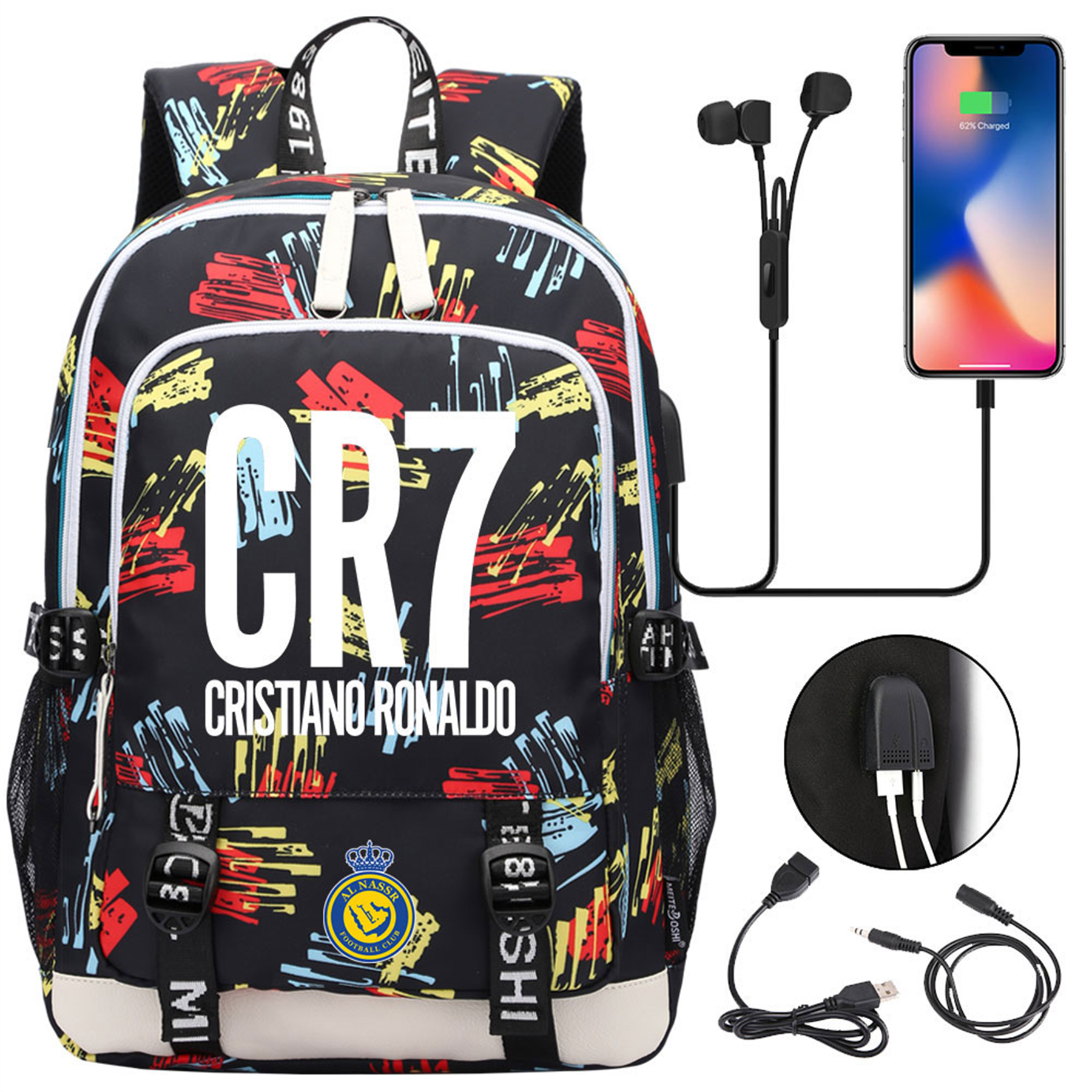 Teen Cristiano Ronaldo Backpack with USB Charging Port-Student Back to ...