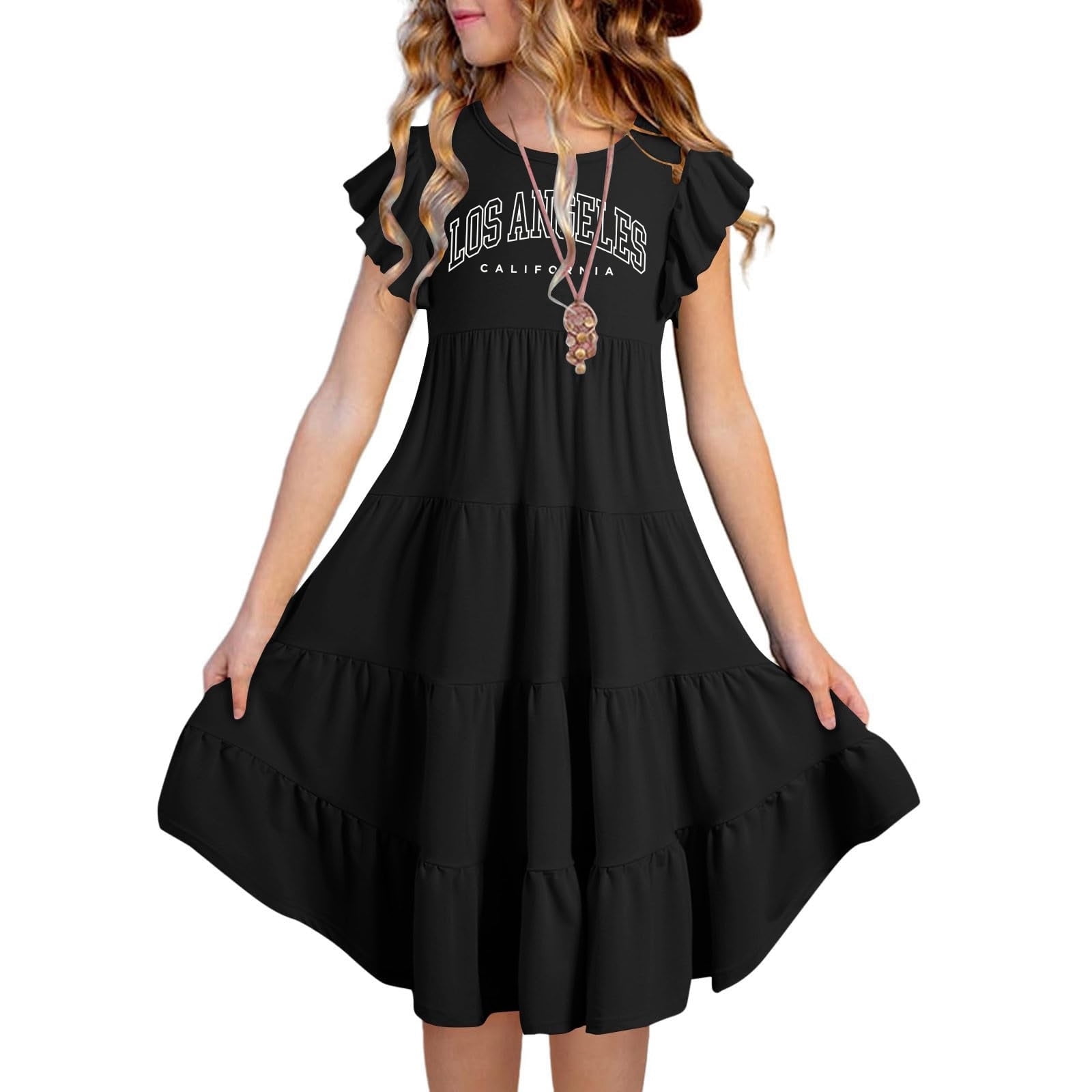 Teen Girl Dresses Flutter Sleeve Tiered Swing A-Line Casual Gradient ...