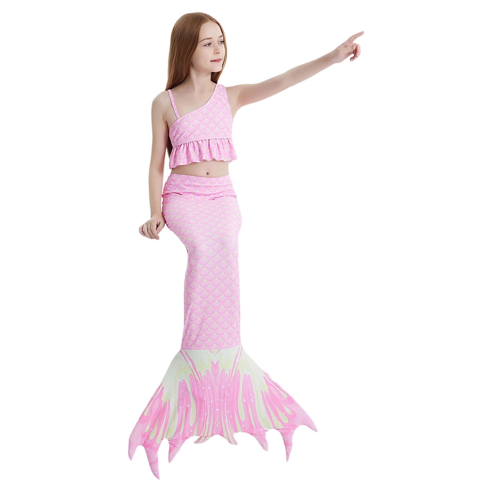 Teen Girl Swimsuit 3 Pieces Ruffles Sleeveless Gradient Fish Scale ...