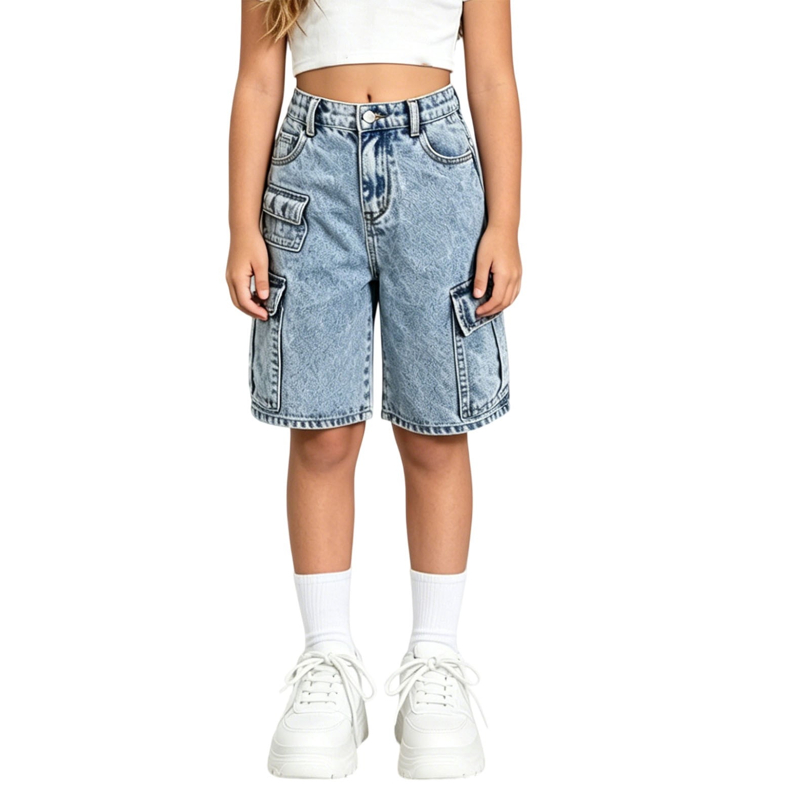 Teen Girls Baggy Bermuda Cargo Jorts Y2K Long Knee Length Denim Jean ...