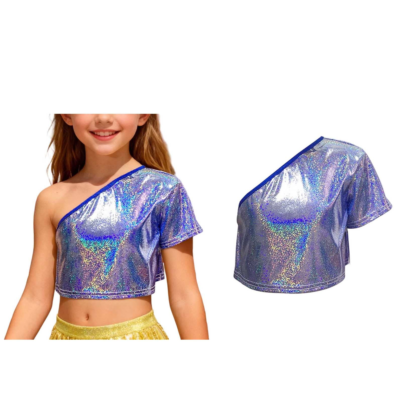 Teen Girls Boys One-Shoulder Sequins Dance Tops Sparkly Metallic Shiny ...