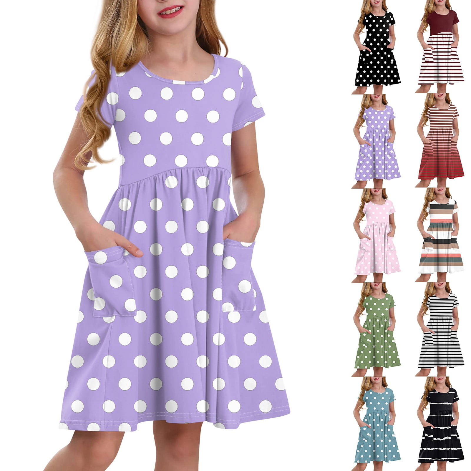 Teen Girls Casual Sundresses Classic Dot Stripe Short Sleeve Pocket ...