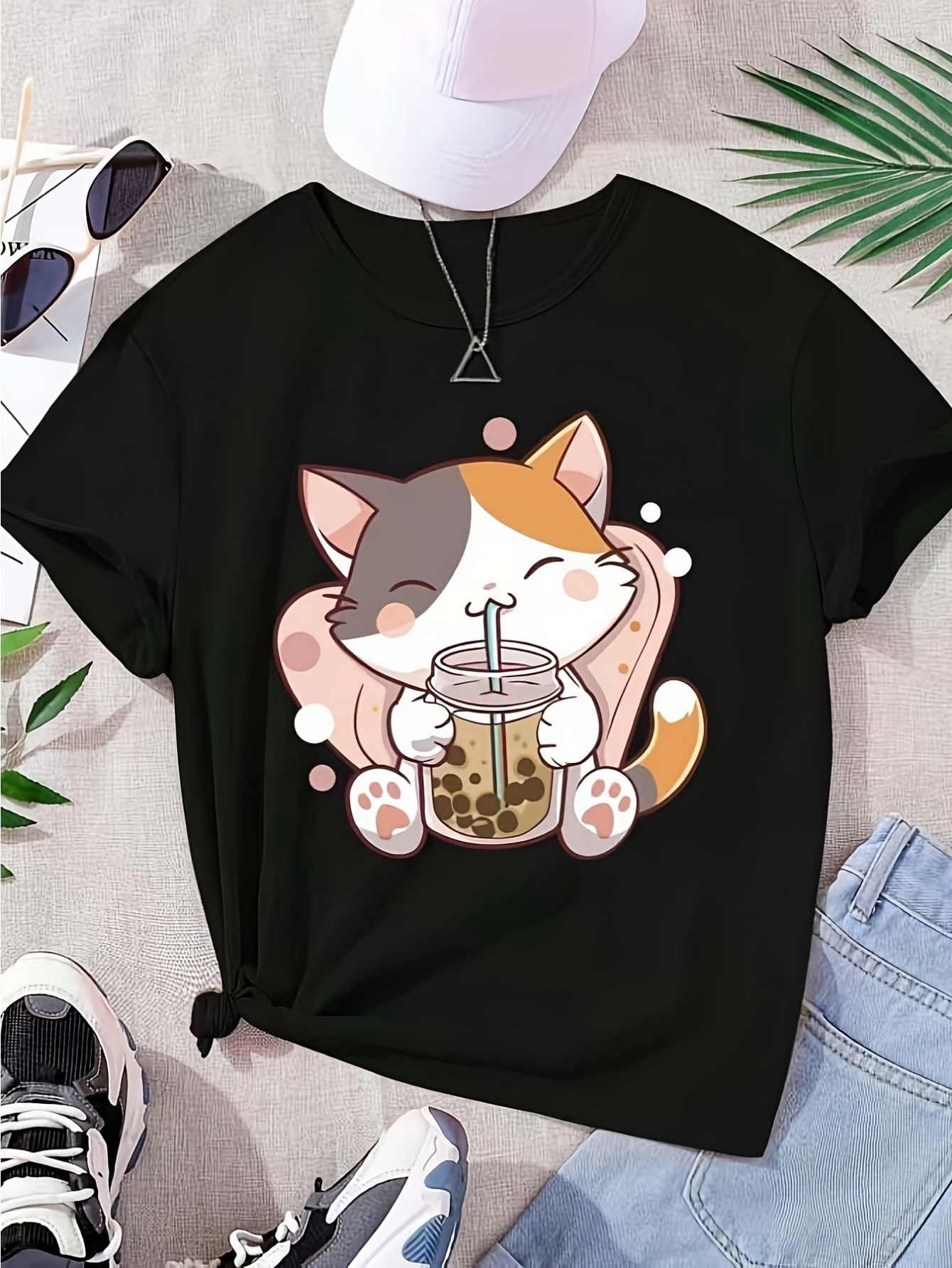Teen Girls' Cute Cat & Bubble Tea Graphic T-Shirt - Soft Cotton, Short Sleeve Round Neck Casual ...