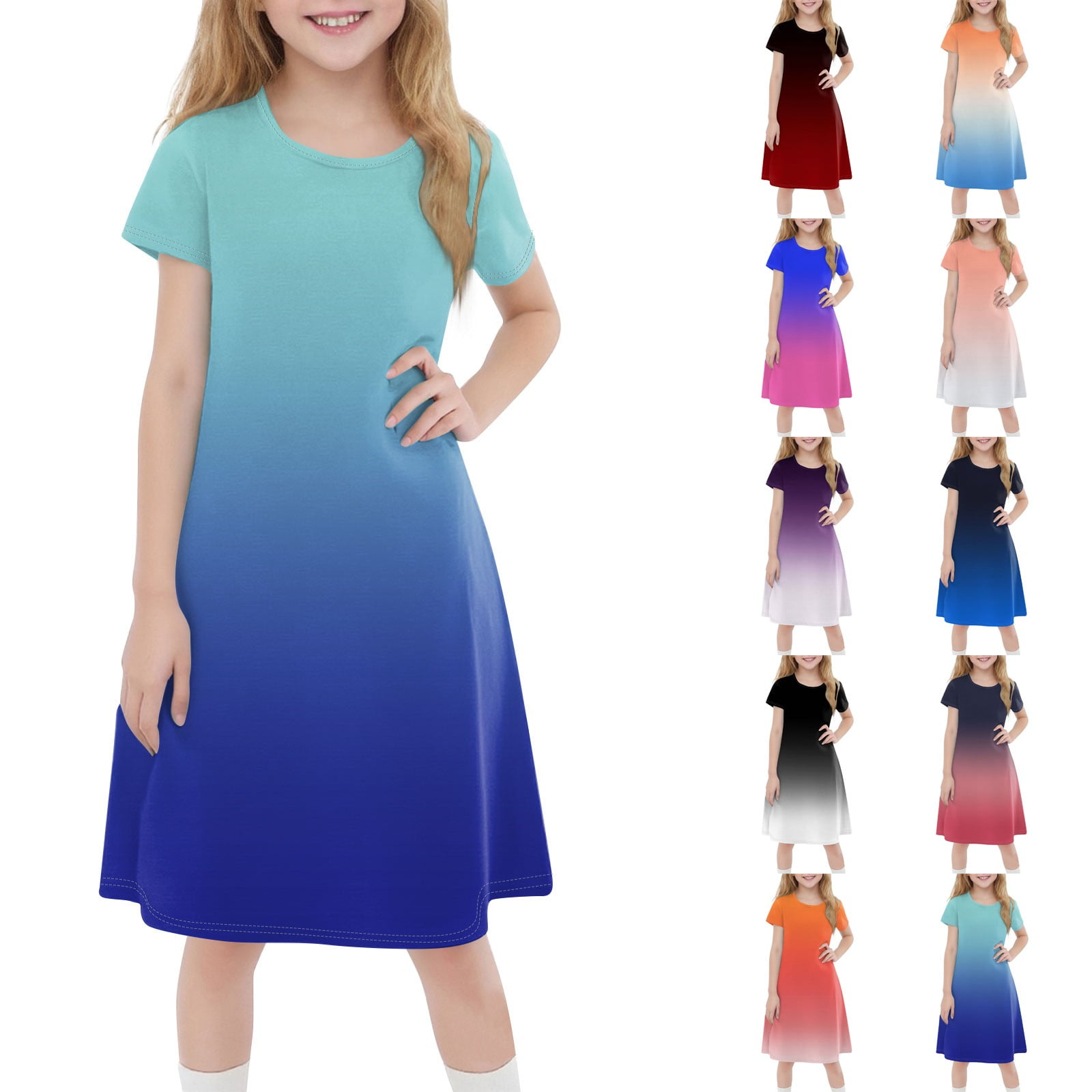 Teen Girls Dresses Short Sleeve Gradient Dress Casual Summer A-Line ...