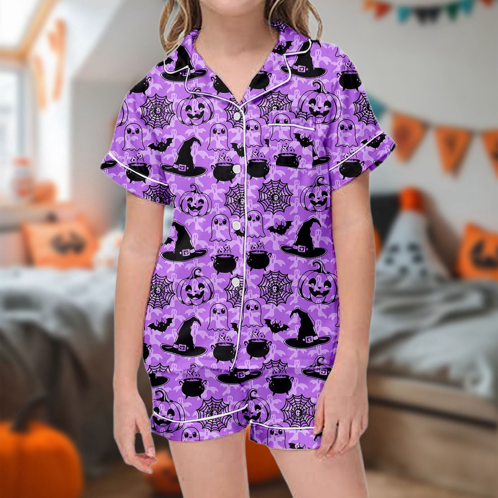 Teen Girls Halloween Pajamas Set Pumpkin Ghost Print Girls Pajamas Set ...