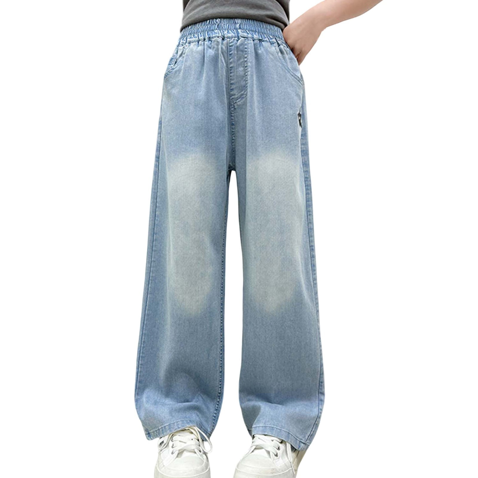 Teen Girls Jeans Elastic Waist Wide Leg Jean Denim Pants Baggy Denim ...