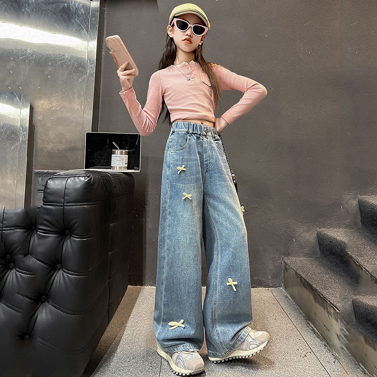 Teen Girls Jeans Embroidered Bell Bottom Jeans with Pockets High ...