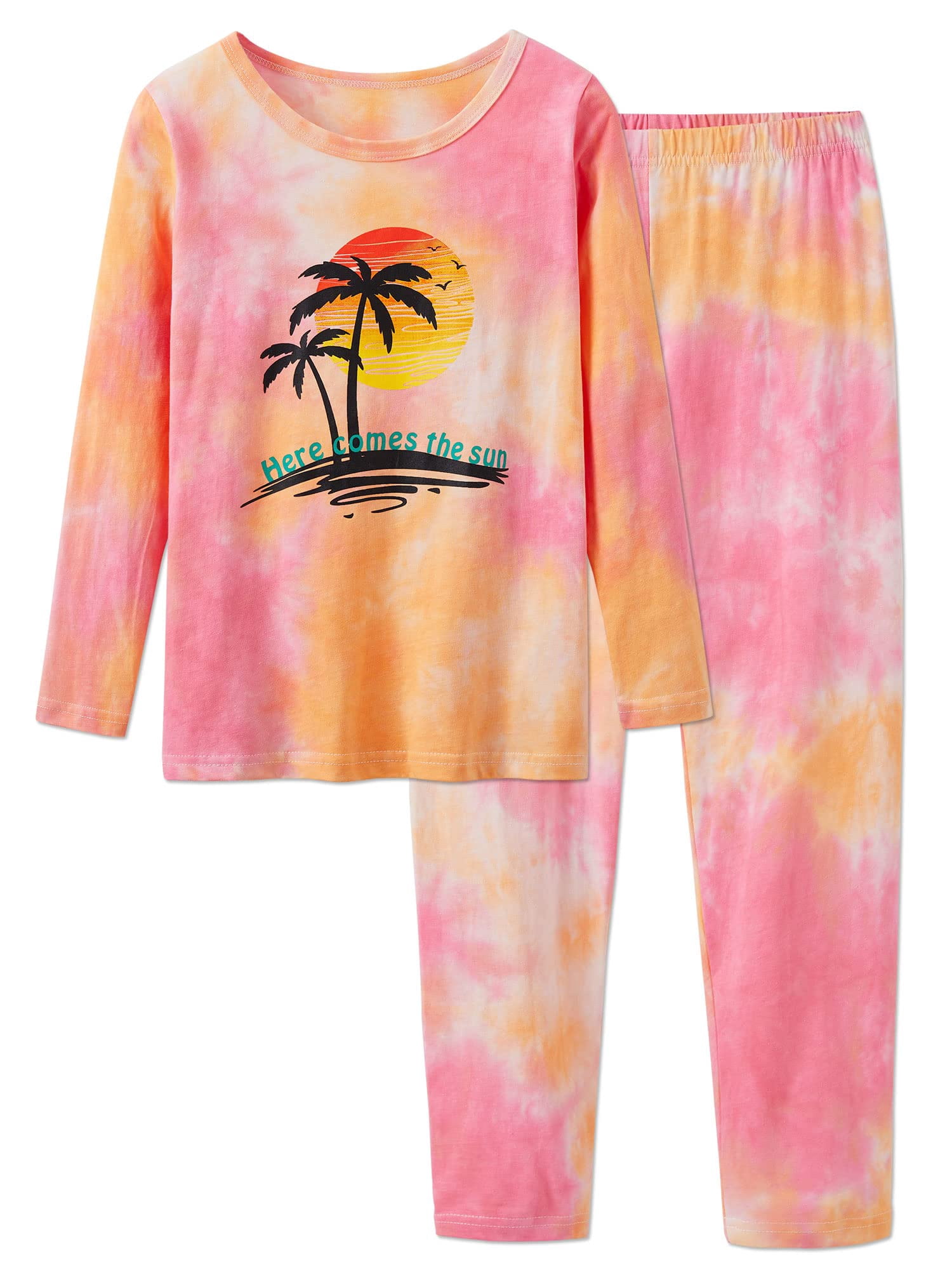 Beezizac Teen Girls Long Sleeve & Pants Tie-dye Palm Tree Pajama PJ Set ...
