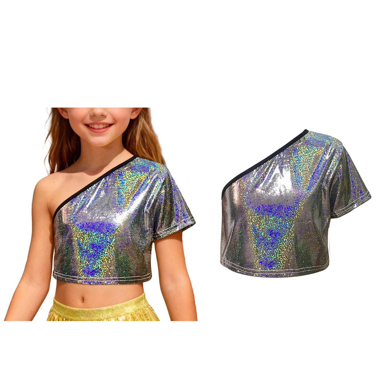 Teen Girls One-Shoulder Sequins Dance Tops Glittery Metallic Tee Top ...