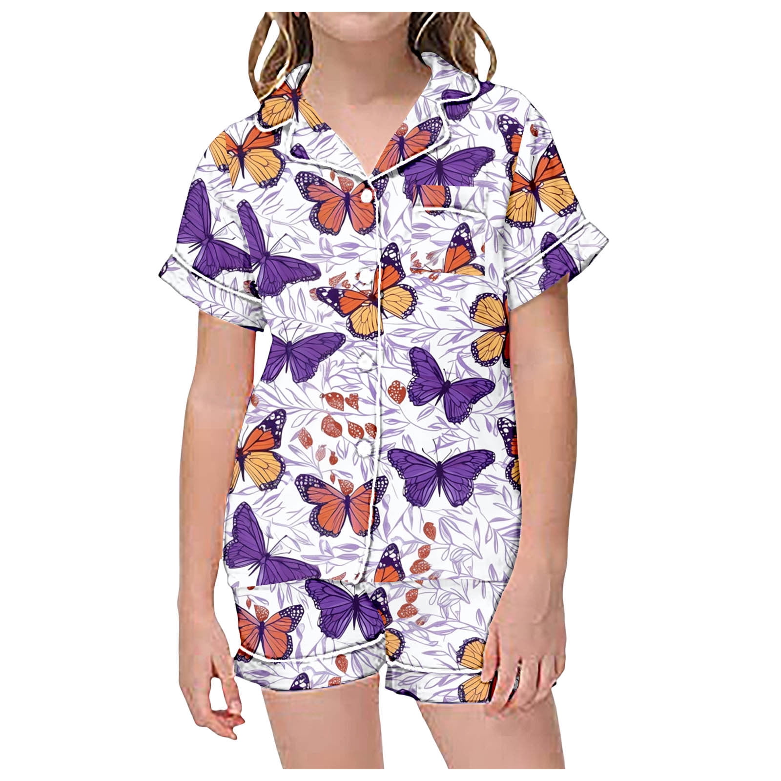 Teen Girls Pajamas Set Silk Satin Butterfly Printed Short Sleeve Button ...