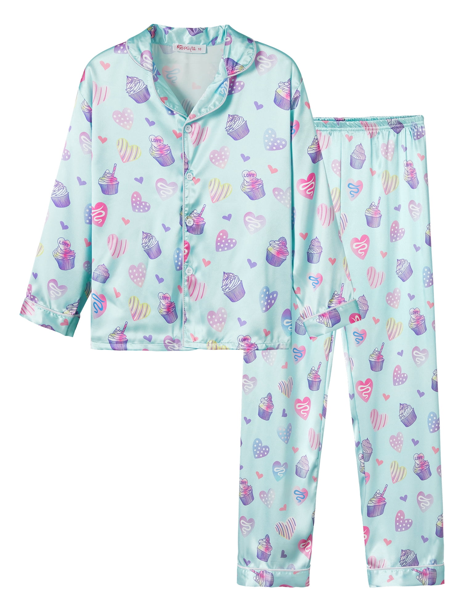Teen Girls Satin Silk Button Up Pajama Cute Cupcake Long Sleeve PJS Set ...