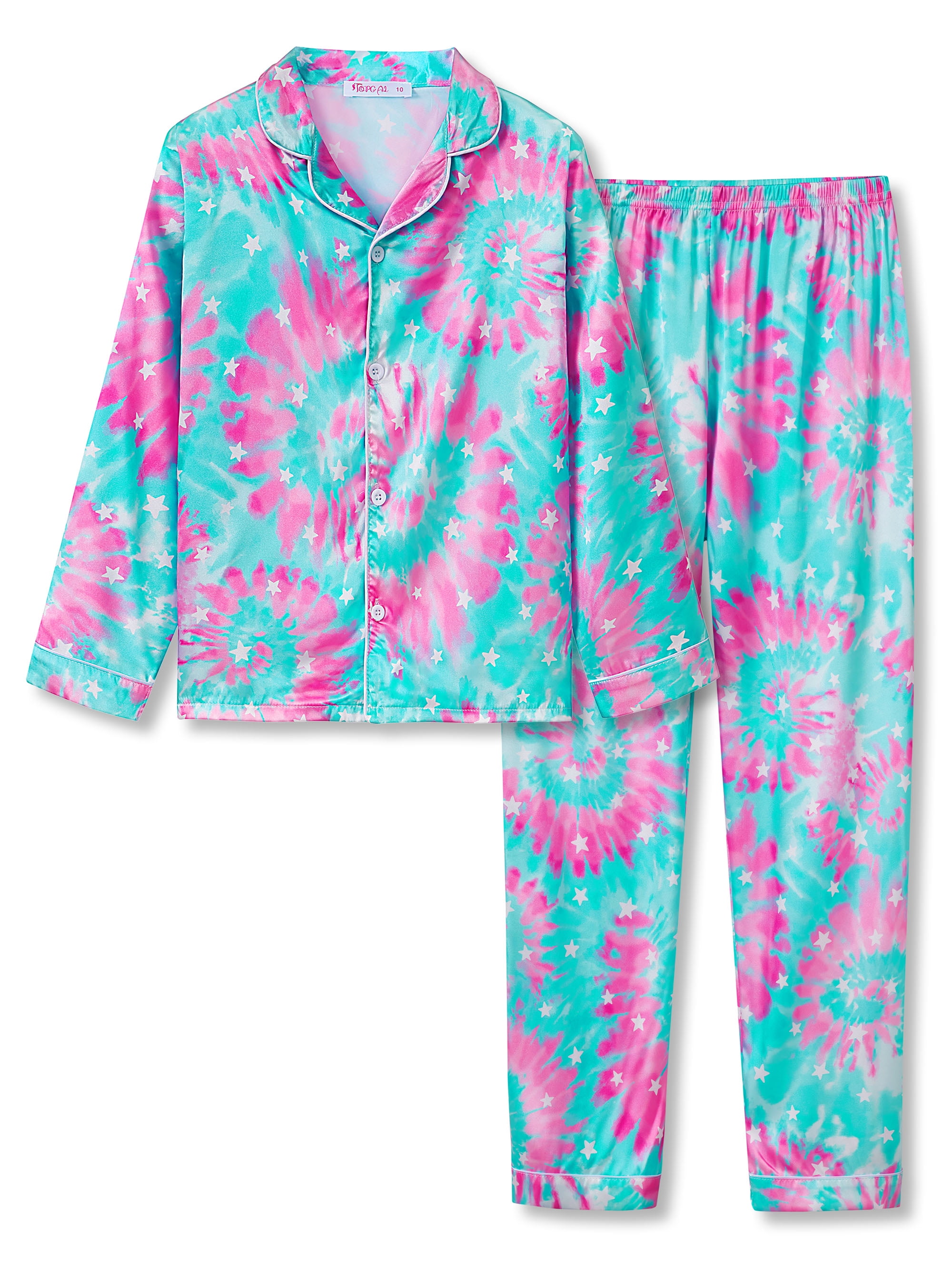Teen Girls Satin Silky Button Up Pajamas Lovely Green & Purple Spiral ...