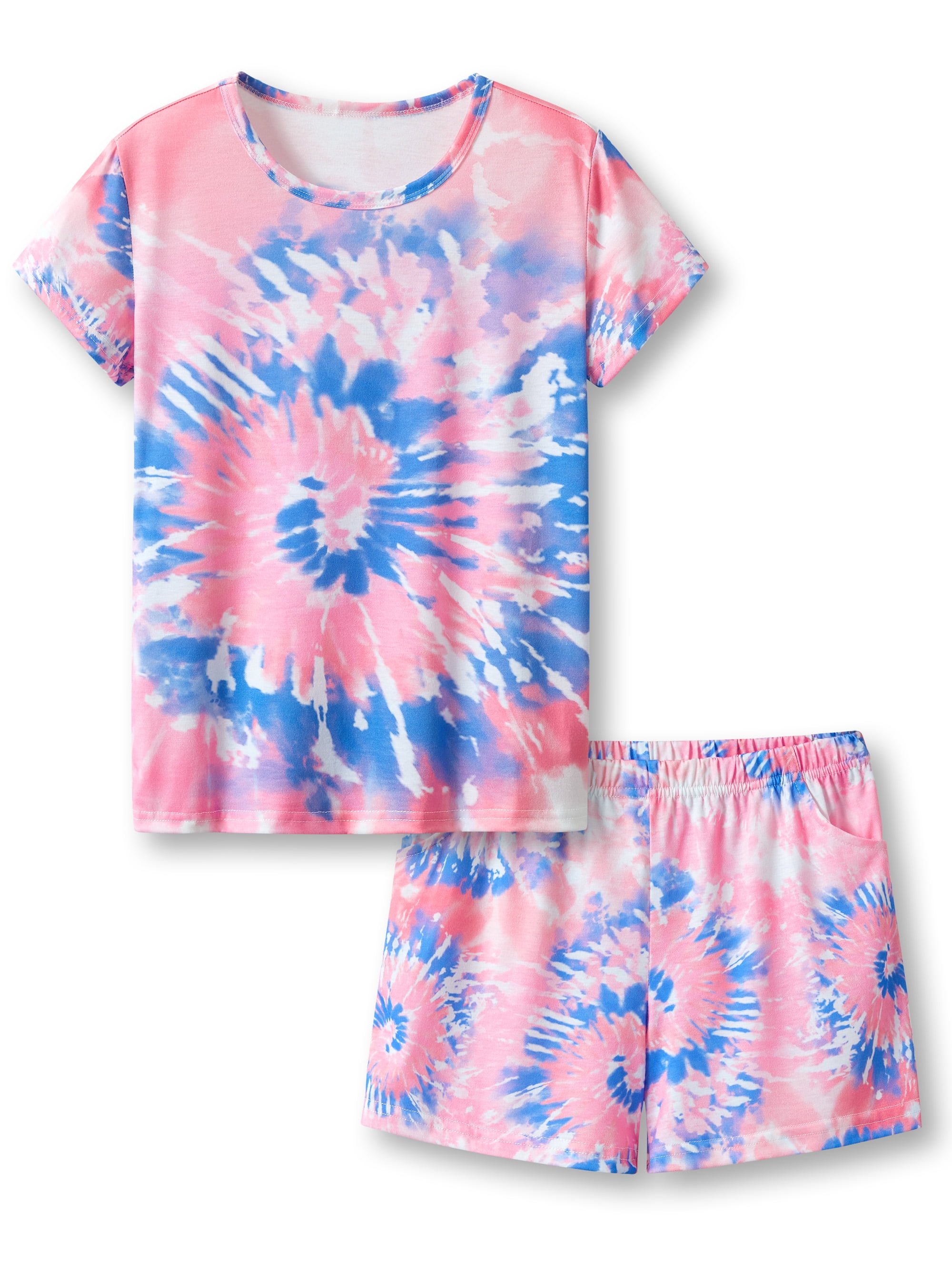 Teen Girls Short Sleeve Tie Dye Blue & Coral Swirl Pajama PJ Set 2 ...