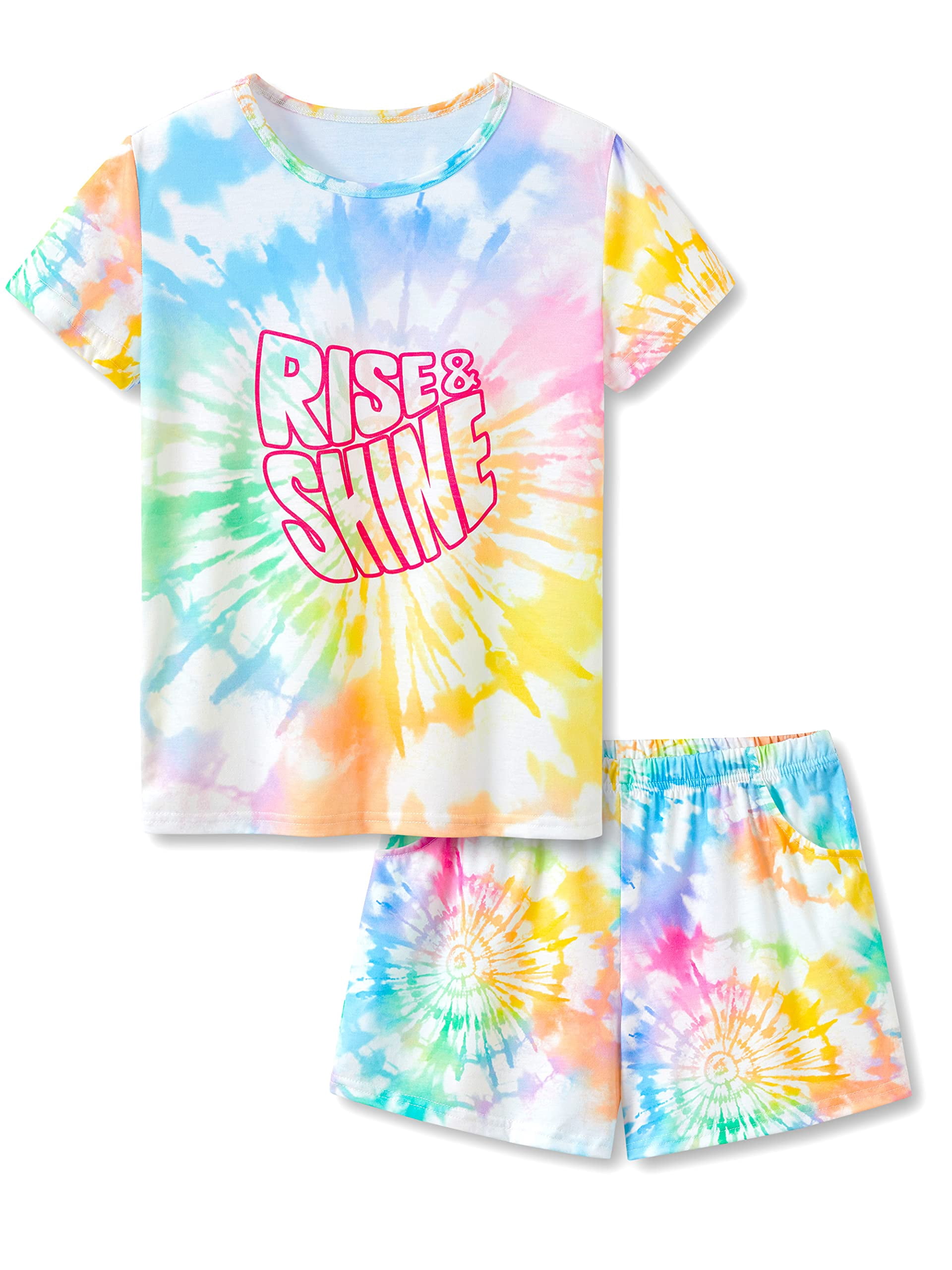 Beezizac Teen Girls Short Sleeve Tie Dye Rise & Shine Pajama PJ Set 2 ...