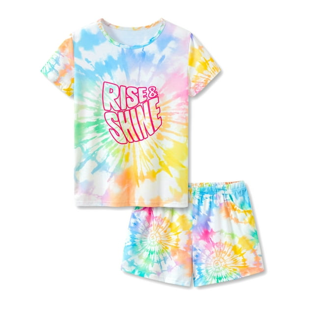 Teen Girls Short Sleeve Tie Dye Rise & Shine Pajama PJ Set 2-Piece Outfit Big Kid Size 8 ...