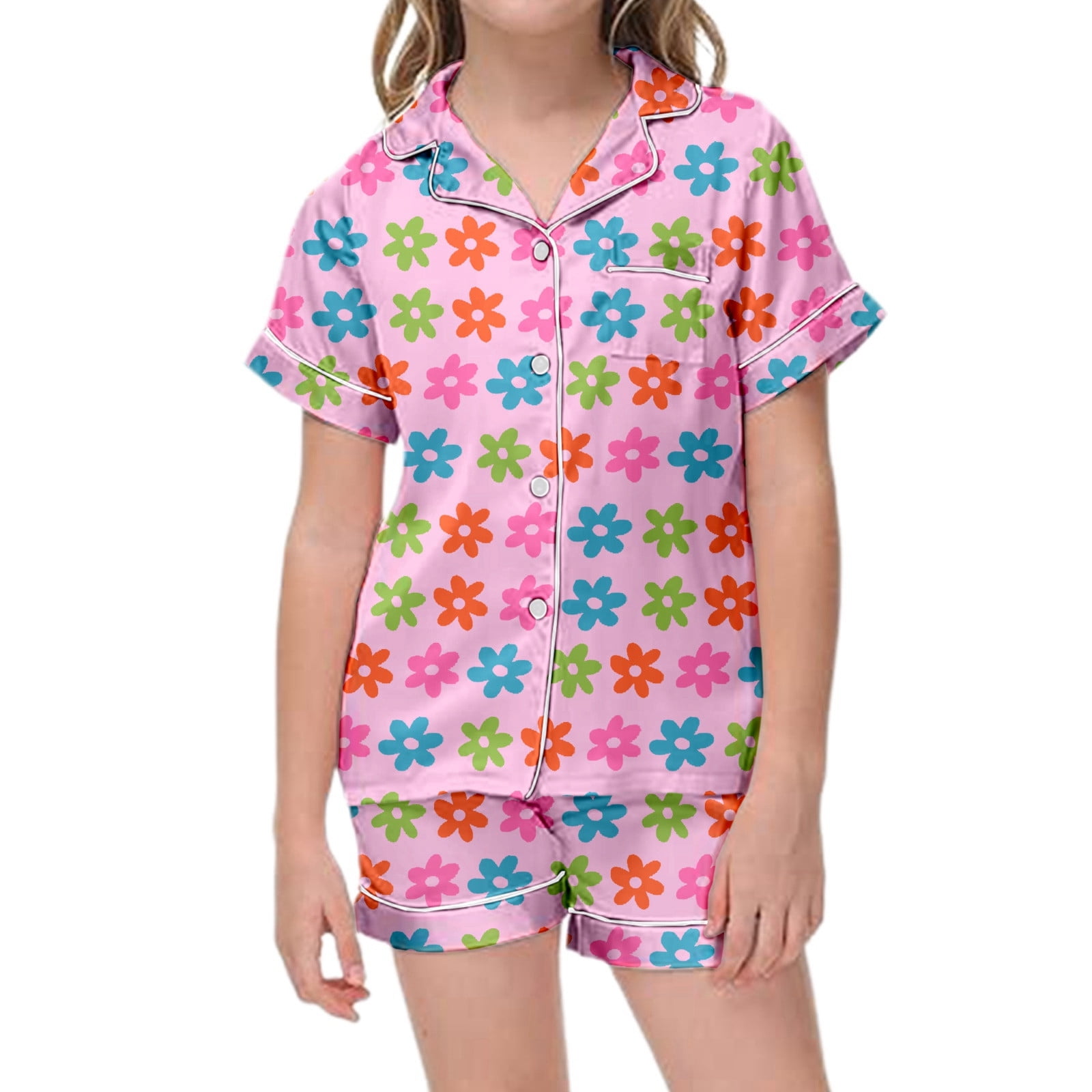Teen Girls Silk Pajamas Set Flower Printed Button Down Sleepwear With ...