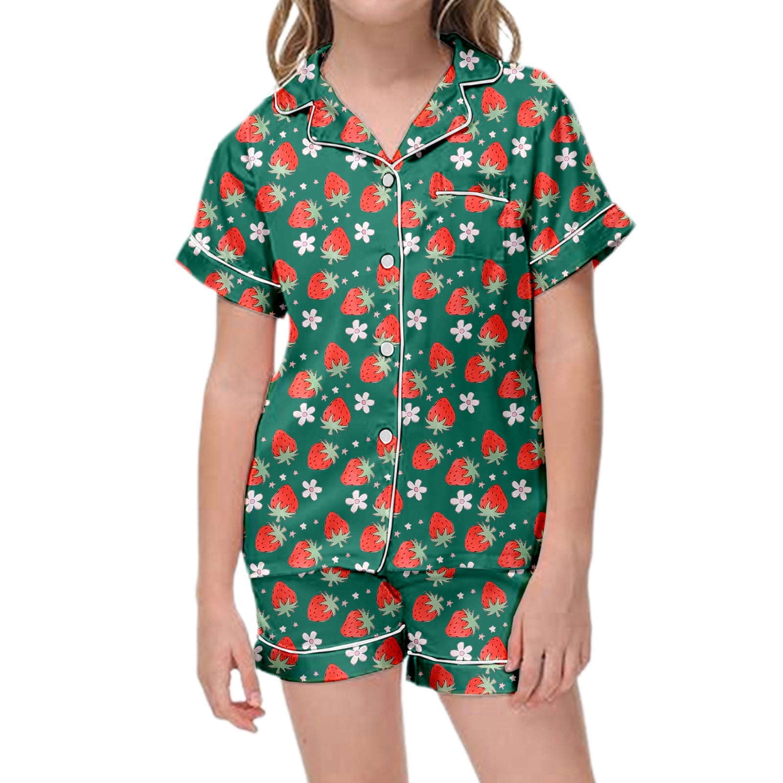 Teen Girls Silk Pajamas Set Strawberry Printed Button Down Tops With ...
