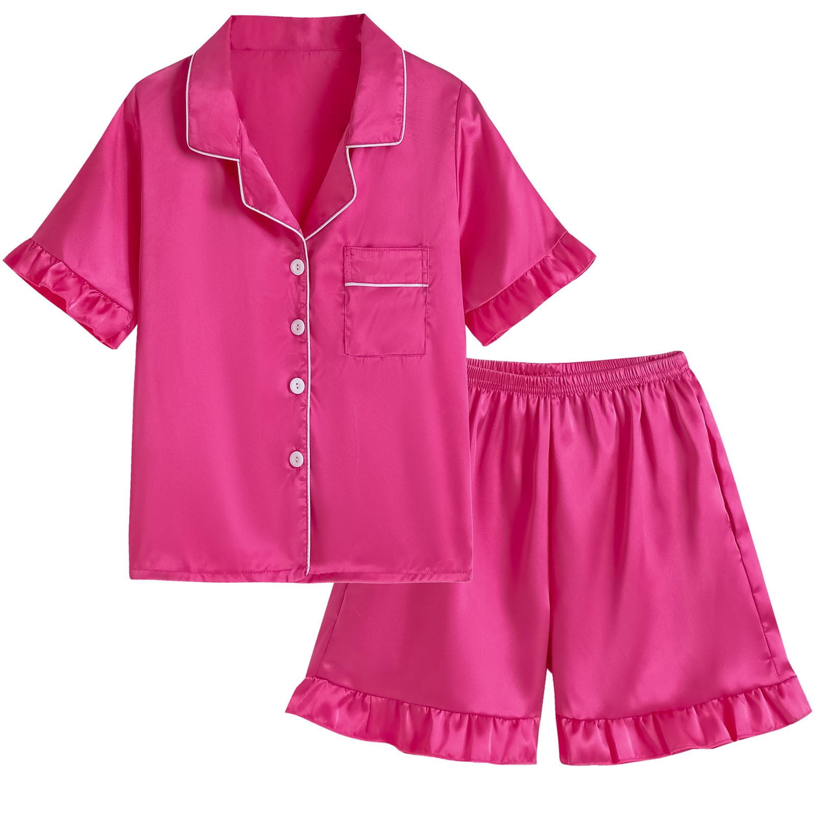 Teen Girls Silk Pajamas Solid 2 Piece Short Sleeve Button Down ...