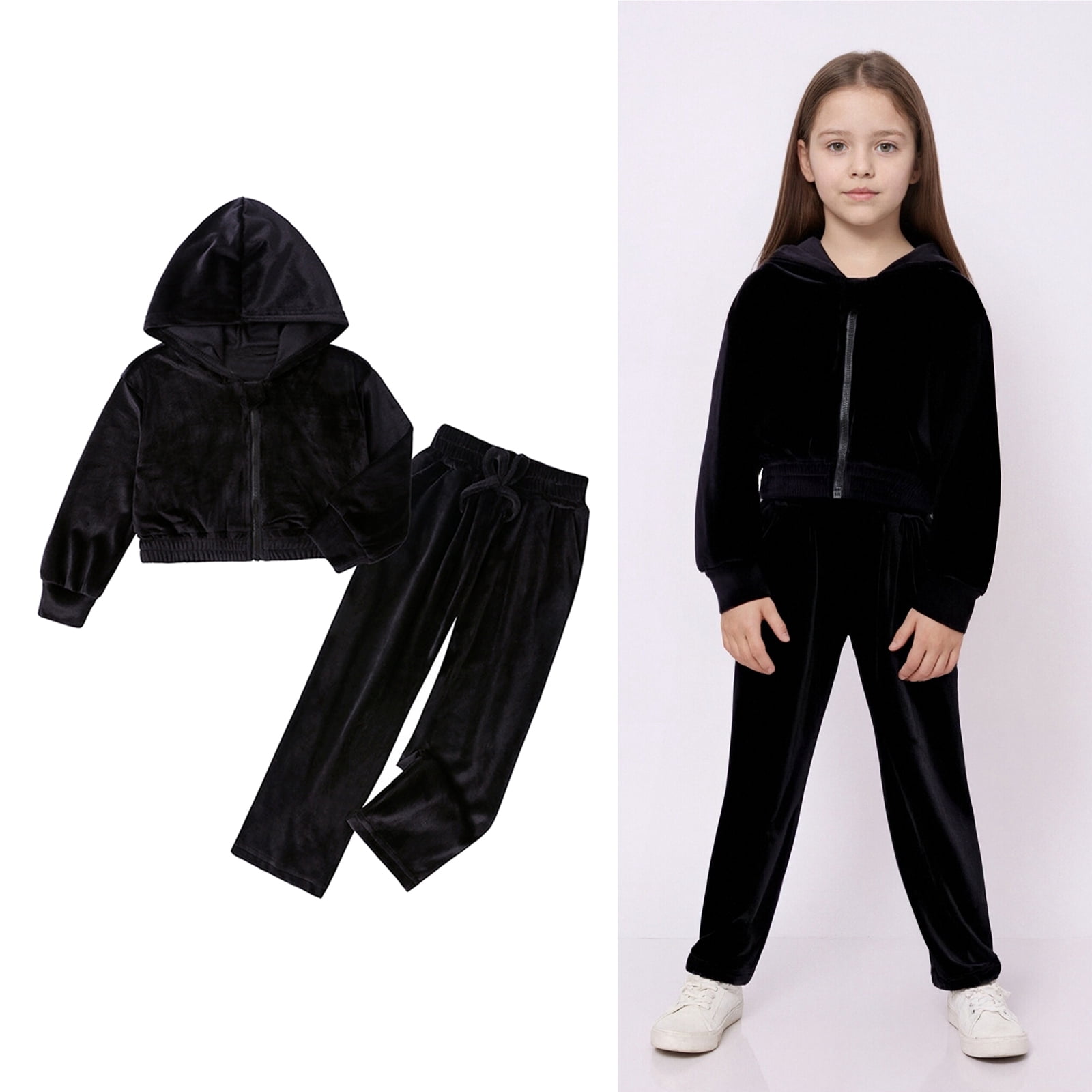 Teen Girls Track Suit Black Velour Tracksuit Zip Up Cropped Hoodie and ...