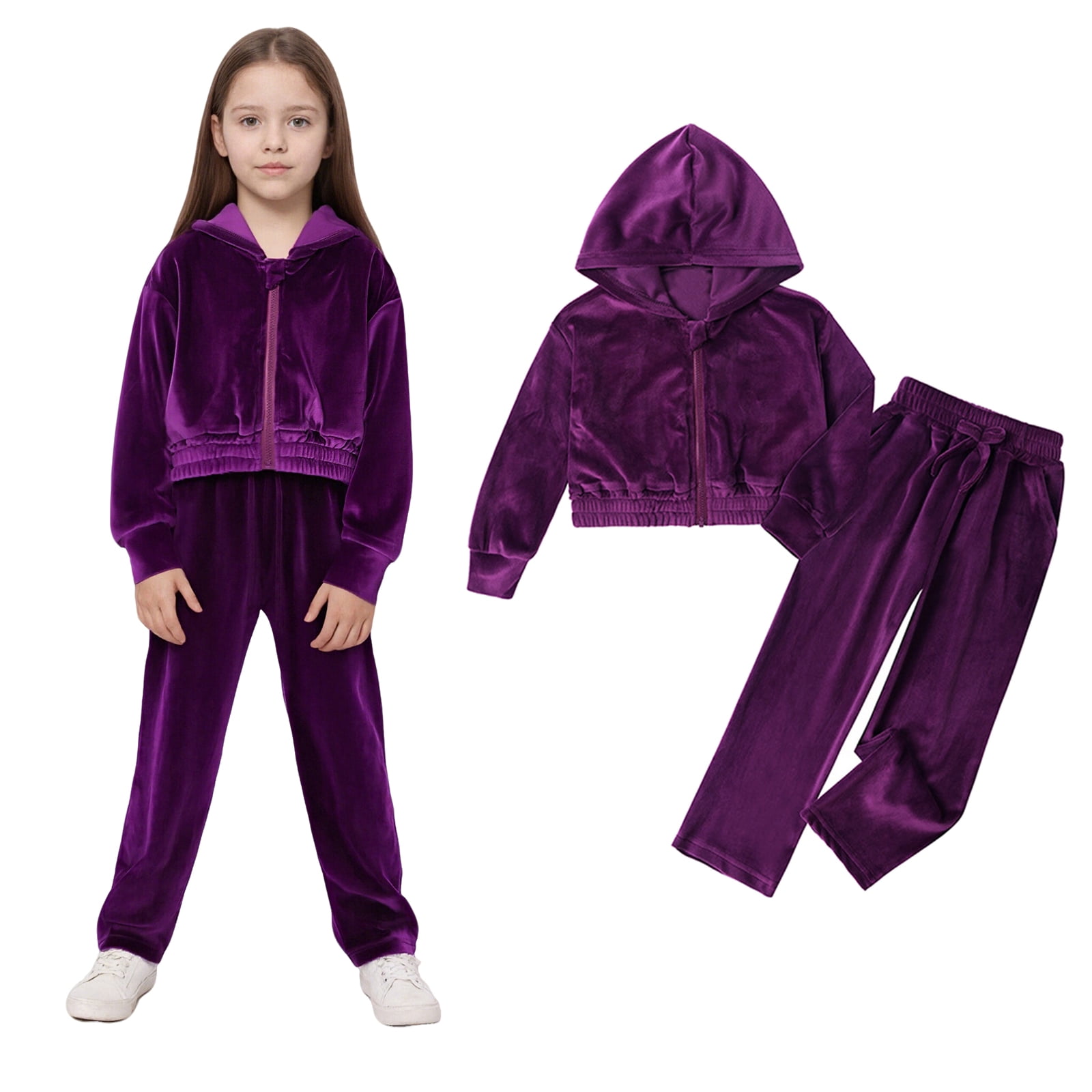 Teen Girls Track Suit Velour Purple Tracksuit Kids Zip Up Cropped ...