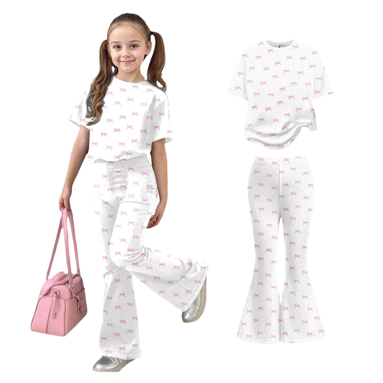 Girls Two Piece Outfits Short Sleeve Bow T-Shirt Top and Flared Pants ...
