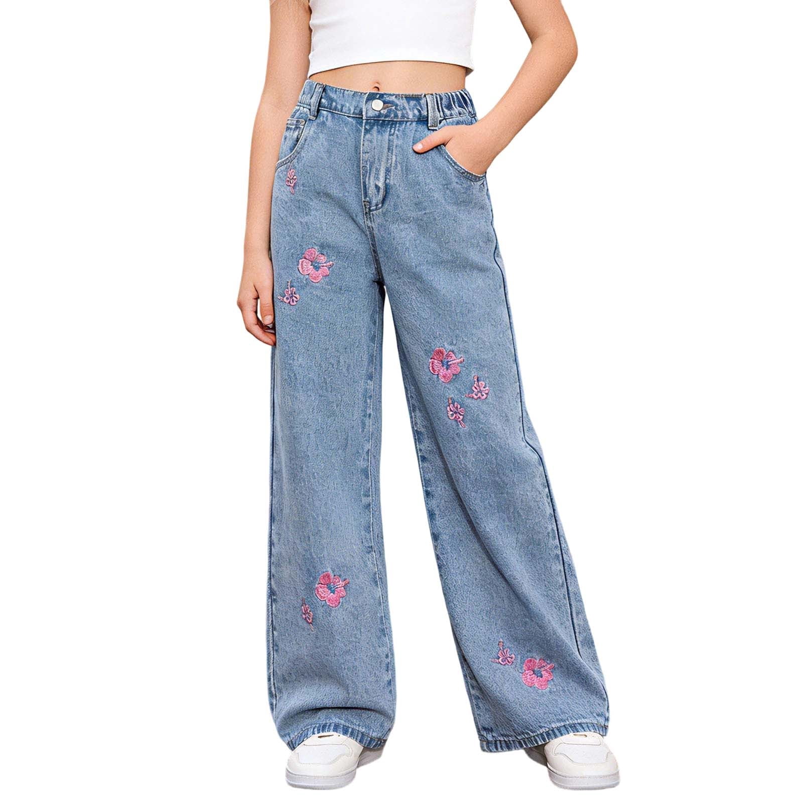 Teen Jeans Girls Floral Embroidered Jeans Girls Straight Leg Jeans Wide ...