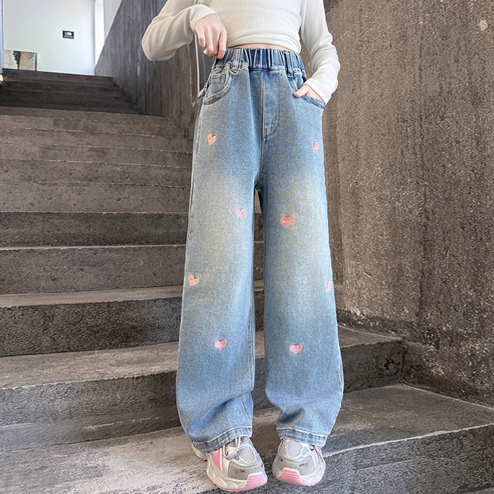 Teen Jeans Girls Heart Jeans Girls Straight Leg Wide Leg Denim Jeans ...