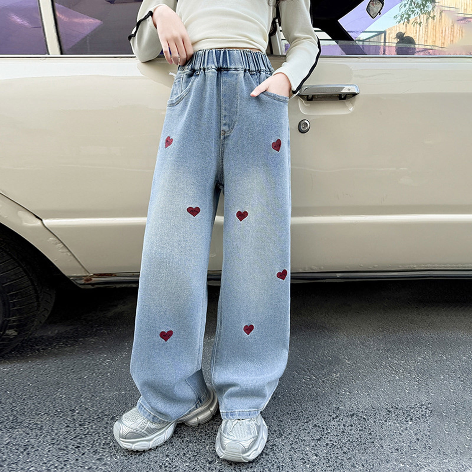 Jeans Girls Heart Jeans Girls Straight Leg Wide Leg Jeans High Waisted ...