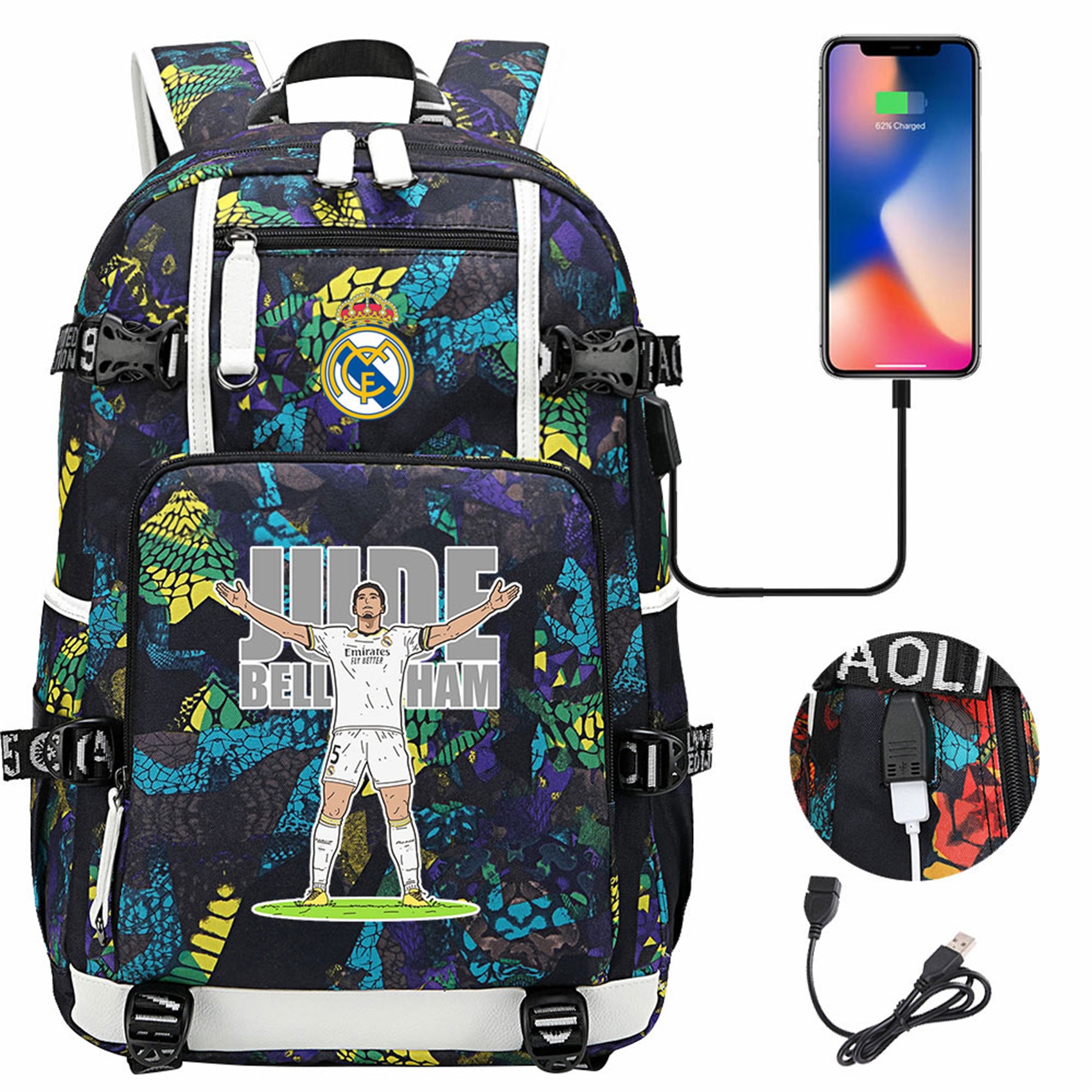 Teen Jude Bellingham Graphic Knapsack with USB Charging Port Waterproof ...