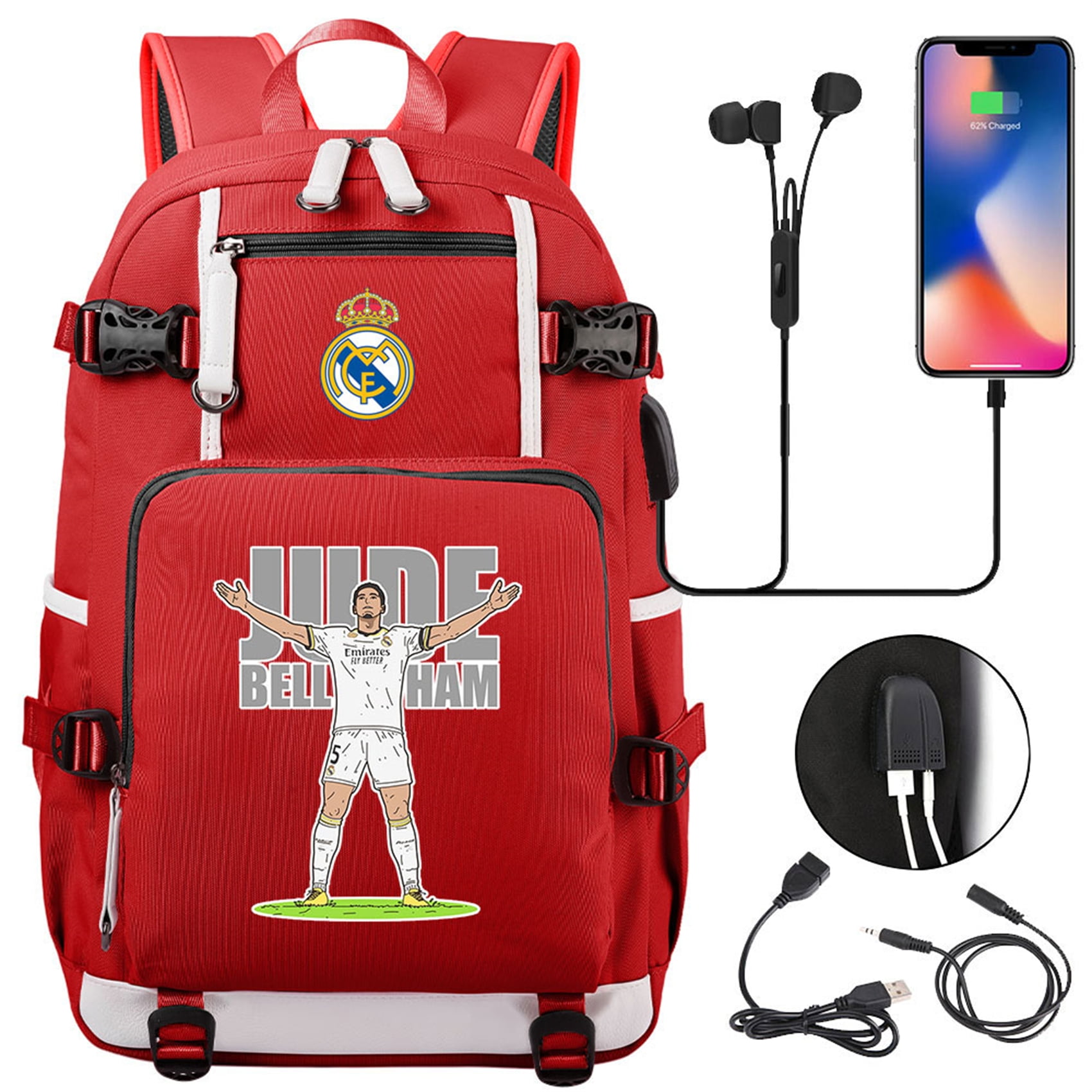 Teen Jude Bellingham Graphic Knapsack with USB Charging Port Waterproof ...