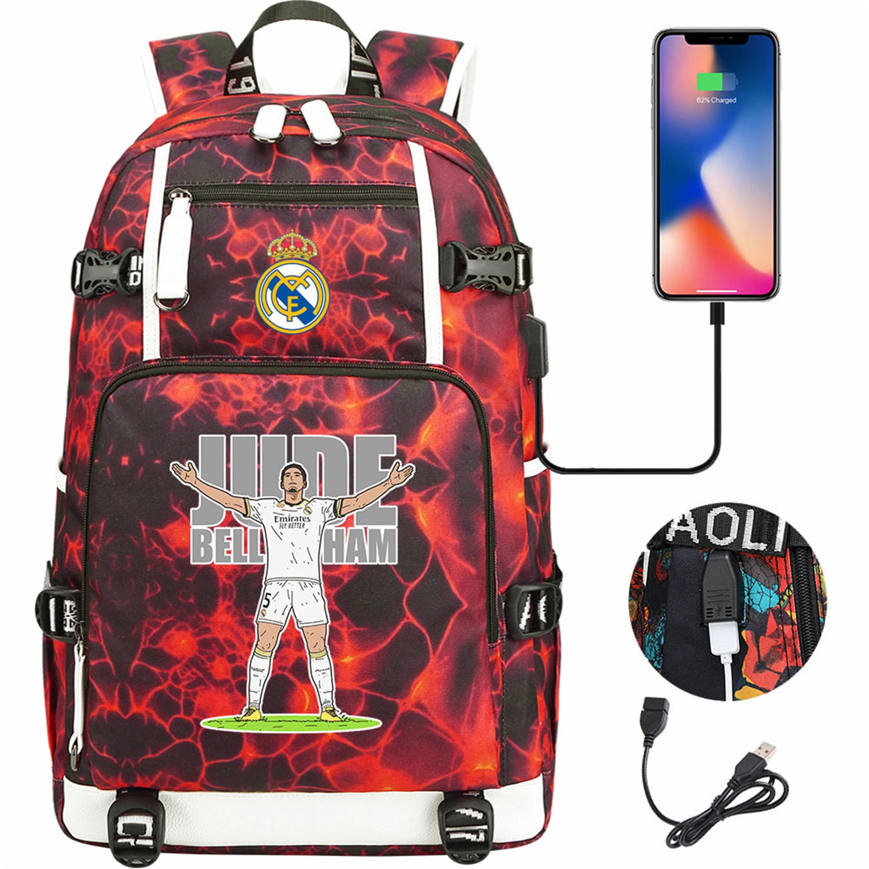 Teen Jude Bellingham Graphic Knapsack with USB Charging Port Waterproof ...
