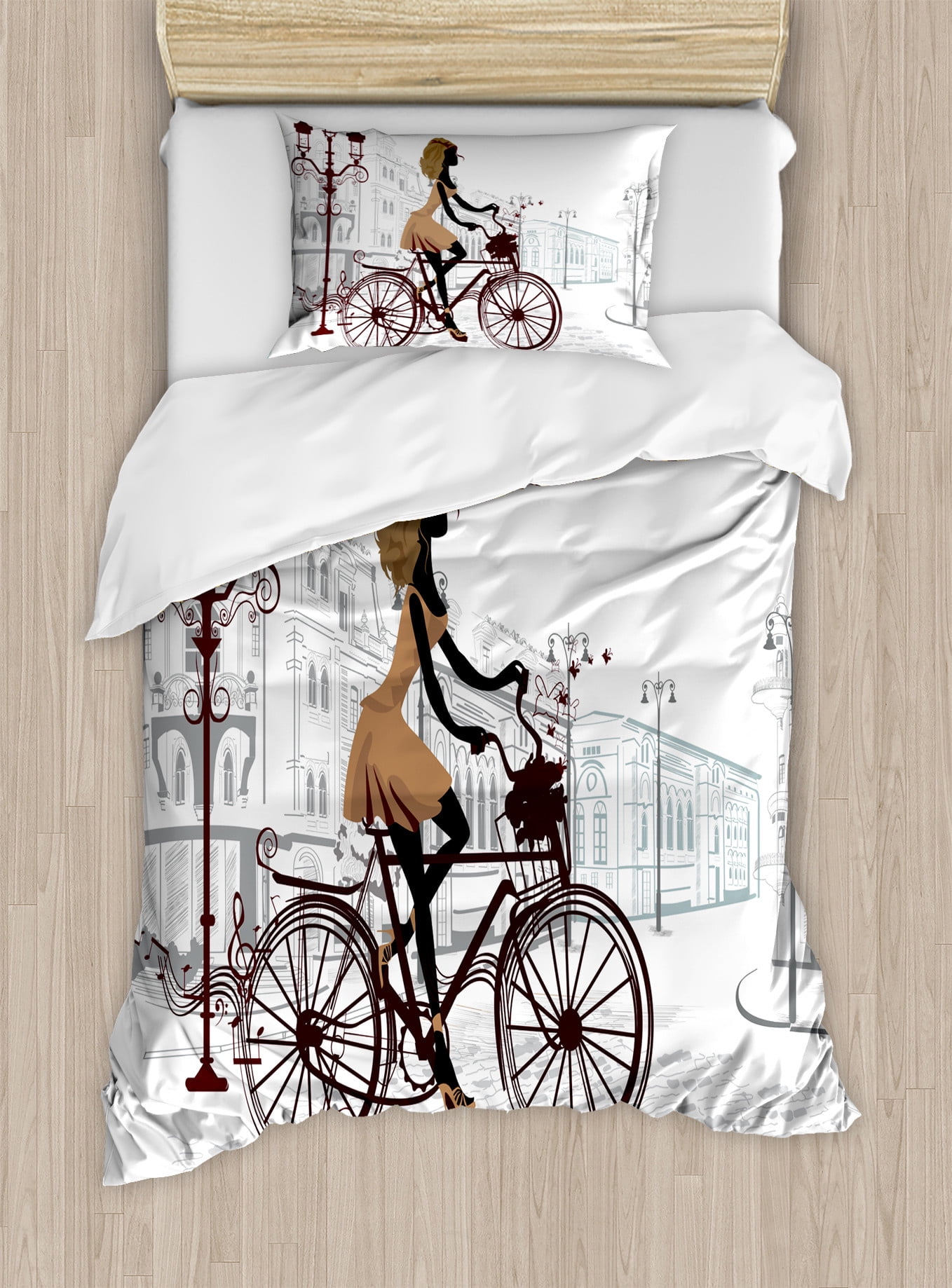 Teen Room Duvet Cover Set, Young Girl in Paris Streets Bicycle French ...