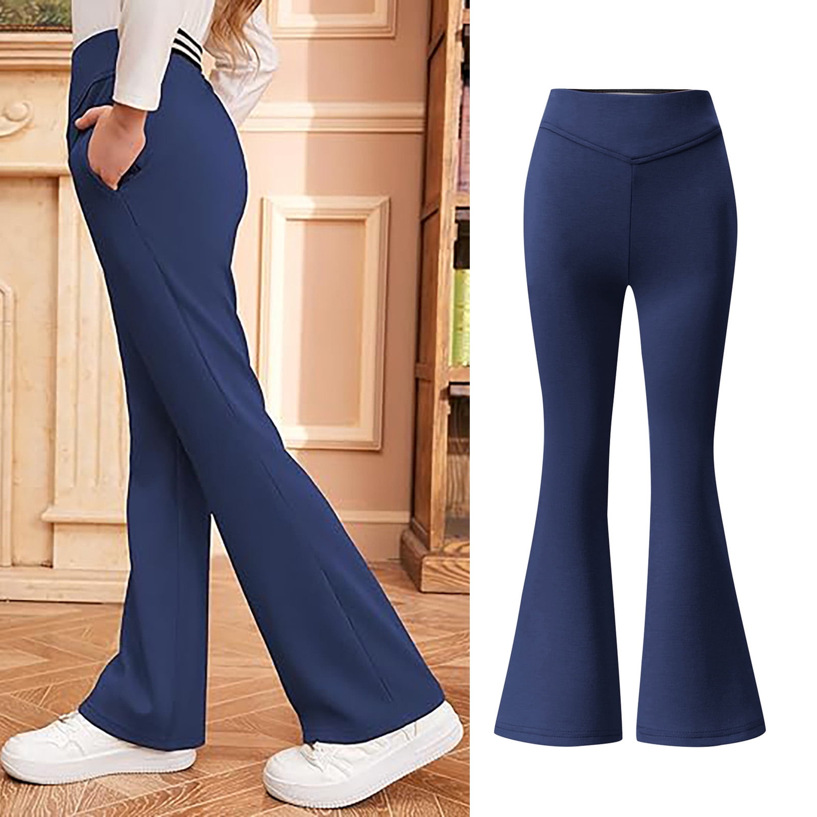 School Uniform For Girls Fit Kids Dress Pants With Pockets Flare Leg ...