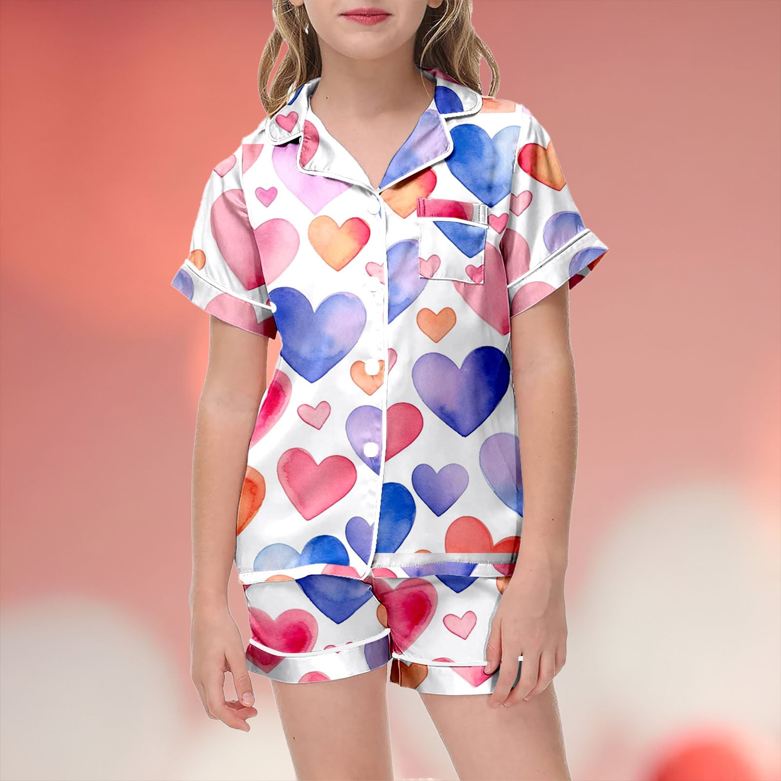 Teen Silk Pajamas Girls Heart Print Short Sleeve Button Down Top Shorts ...